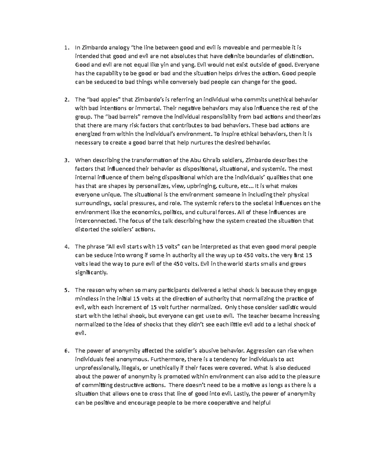 PUP 3054 The Psychology of Evil Jacobs N - In Zimbardo analogy “the ...