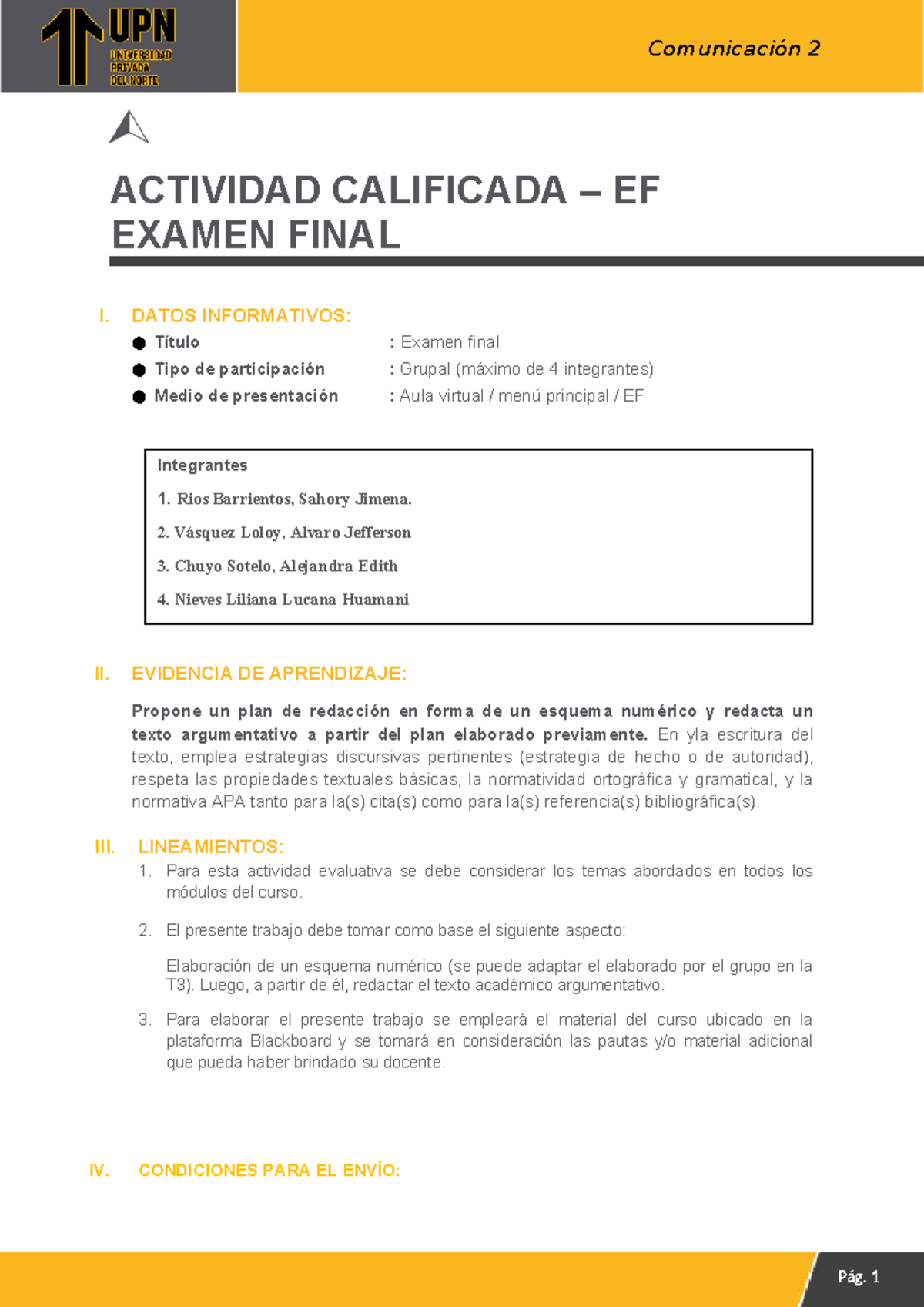 Examen Final Comunicación 2 Borrador 7 - ACTIVIDAD CALIFICADA – EF ...