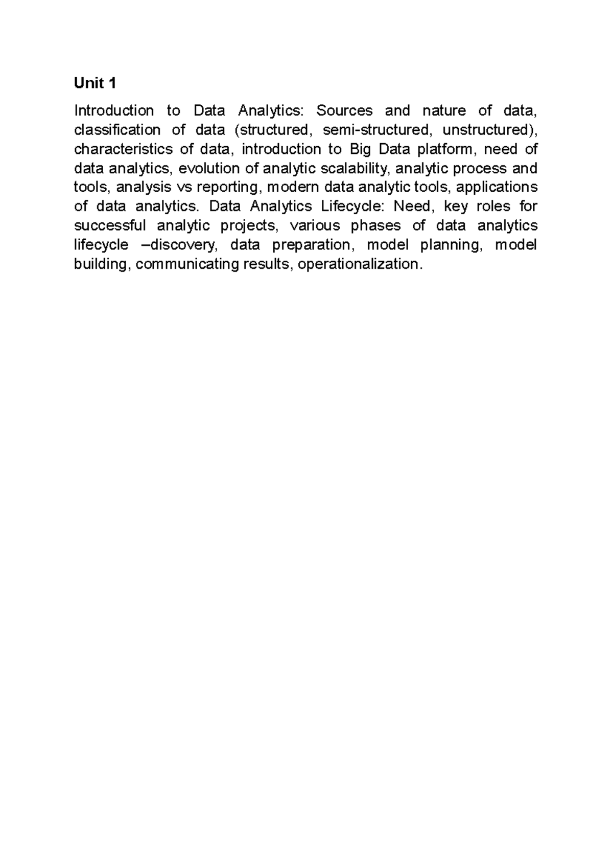 Unit 1 - unit 1 notes - Unit 1 Introduction to Data Analytics: Sources ...