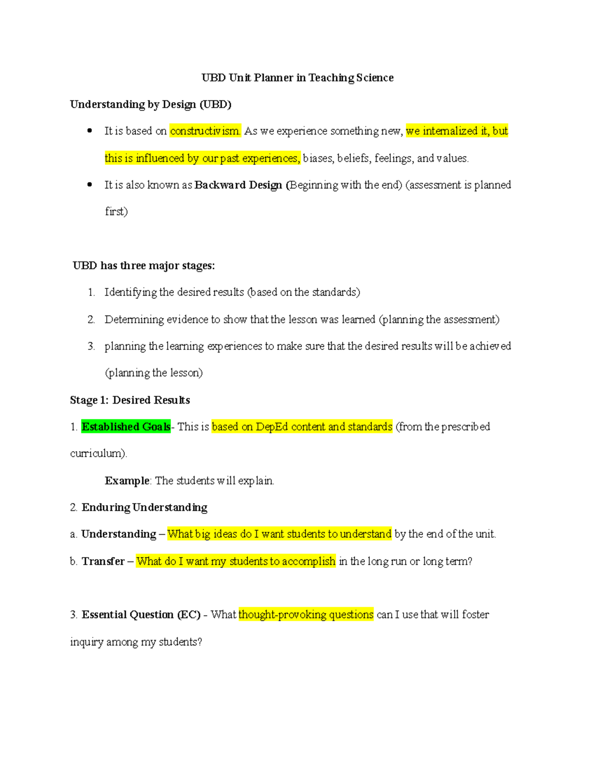 Finals reviewer in SCI 101 - UBD Unit Planner in Teaching Science ...