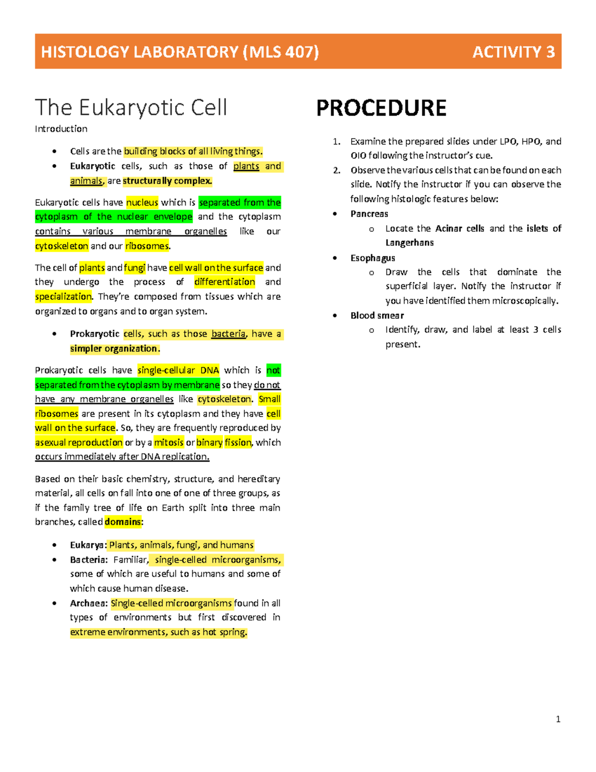 Activity-3-The-Eukaryotic-Cell - HISTOLOGY LABORATORY (MLS 407 ...
