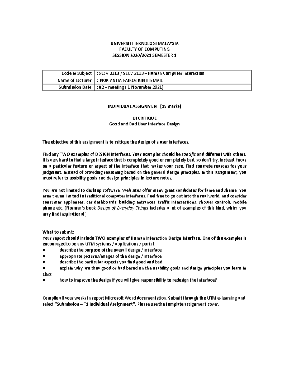 Assignment 1 20202021-1 - UNIVERSITI TEKNOLOGI MALAYSIA FACULTY OF ...