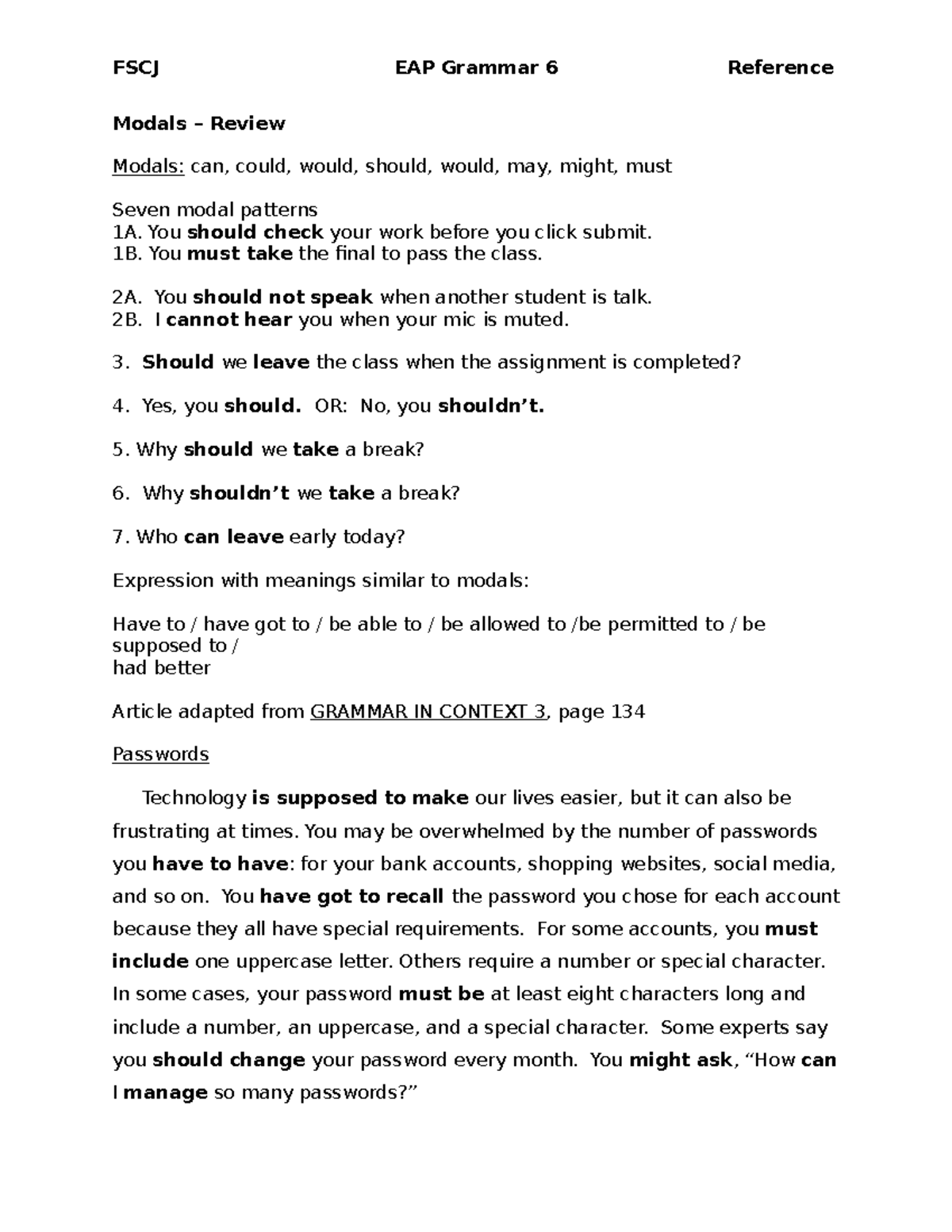 Modals Gram 6 review - Summary Grammar Level VI - FSCJ EAP Grammar 6 ...