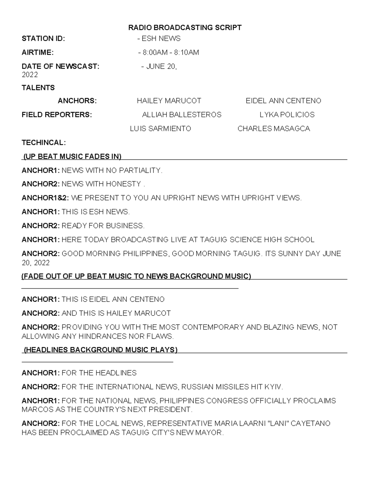 OBB ESH NEWS - RADIO BROADCASTING SCRIPT STATION ID: - ESH NEWS AIRTIME ...