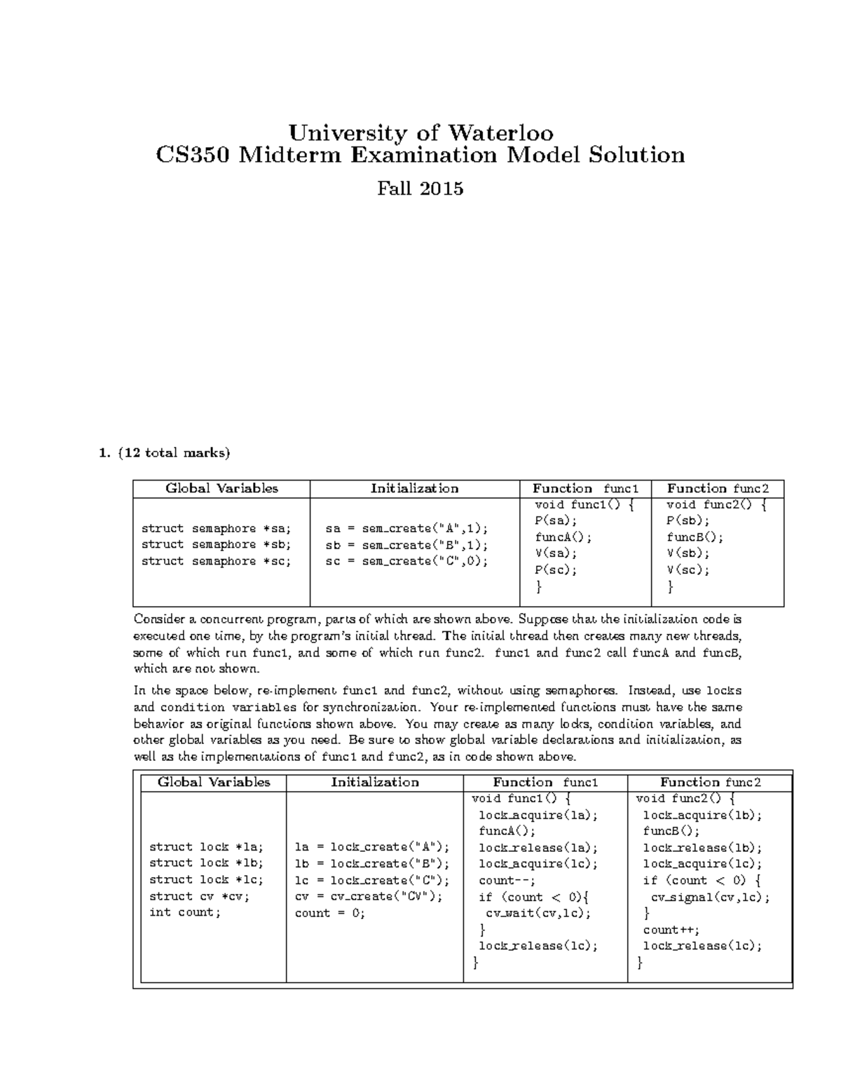 University of Waterloo CS350 Midterm Examination Fall 2015 SOL - Cs 350 - UWaterloo - Studocu