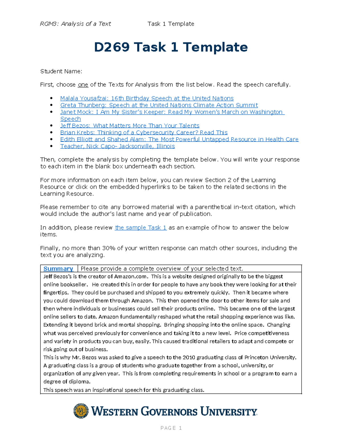 Task1 Jeff Bezo Speach - task 1 - RGM3: Analysis of a Text Task 1 Template D269 Task 1 Template ...