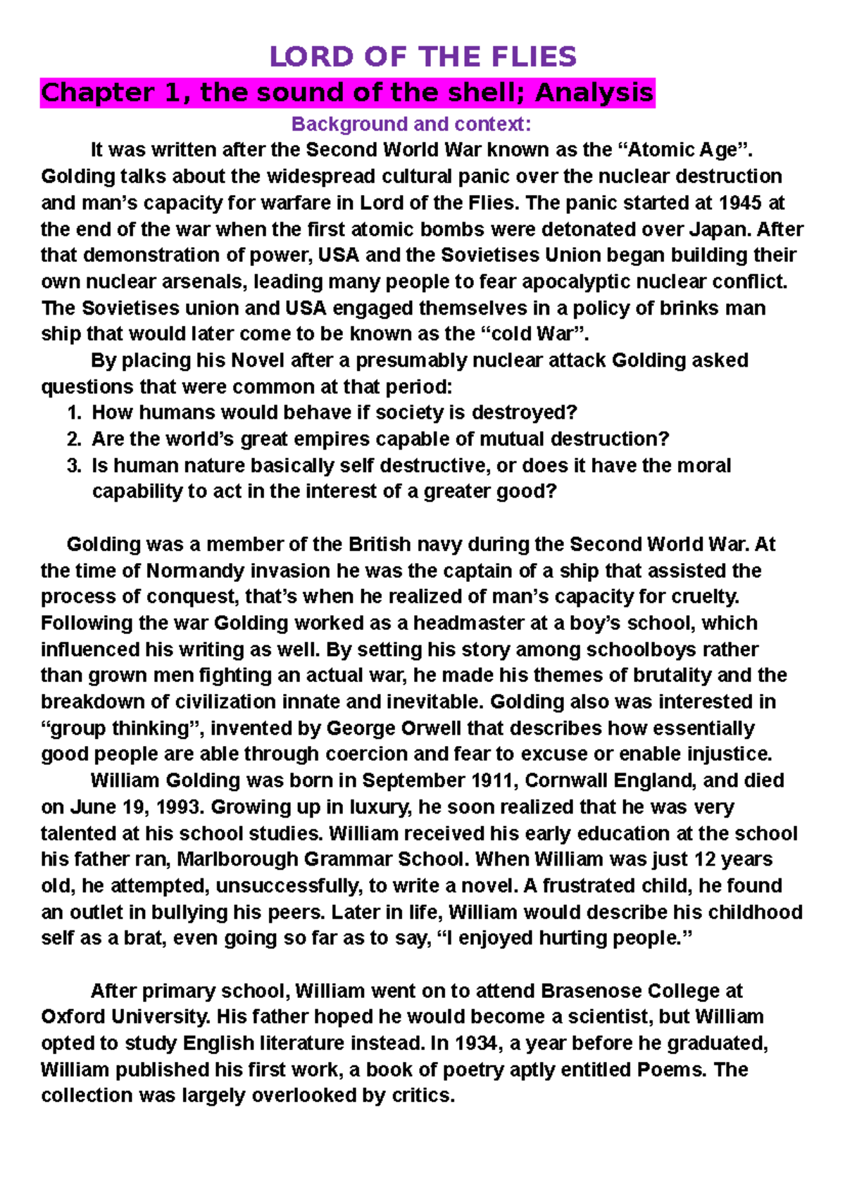 Lord of the flies , analysis - LORD OF THE FLIES Chapter 1, the sound ...