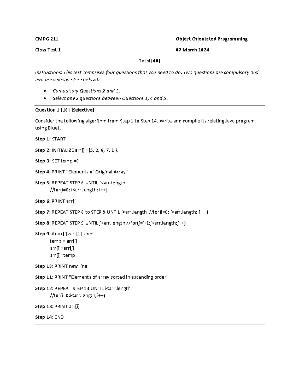 Test 1 Test1 Cmpg 211 Object Orientated Programming Class Test 1 07 7195