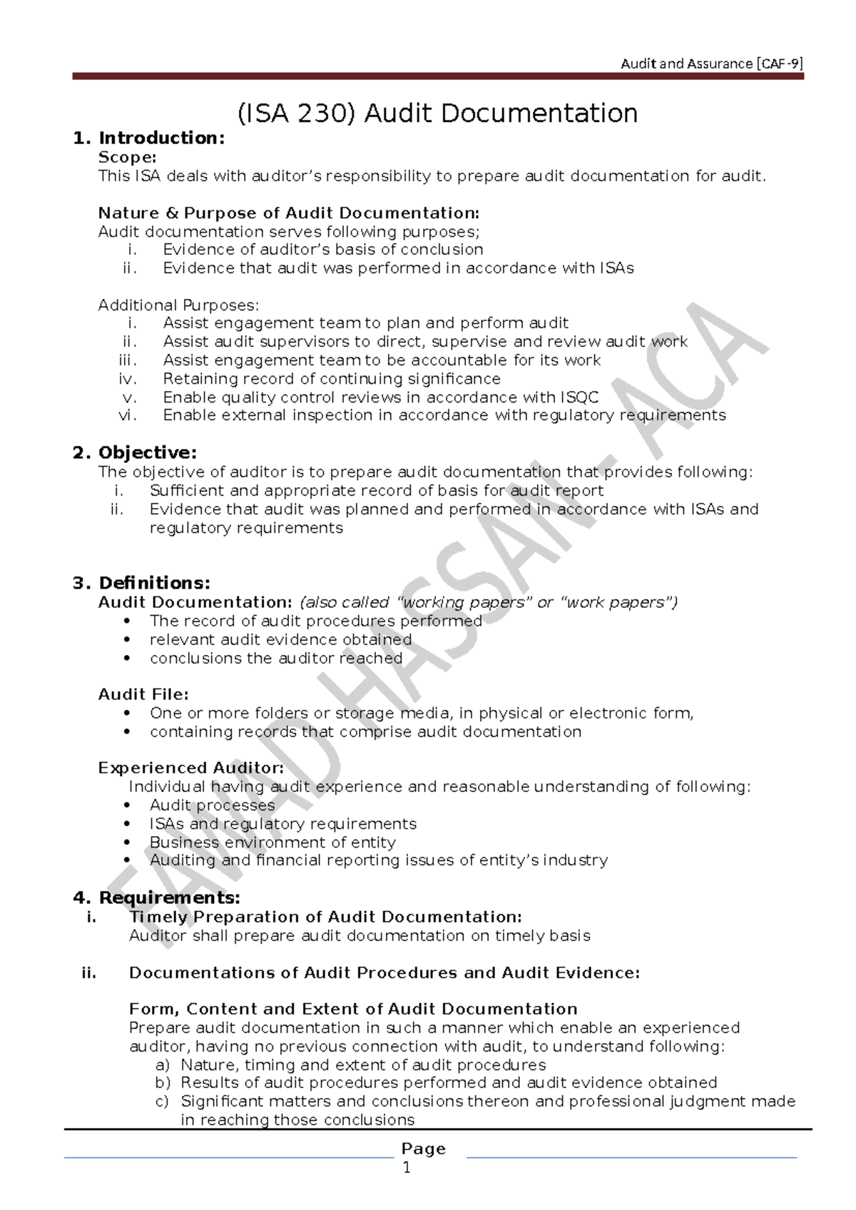 (ISA 230) Audit Documentation - Audit and Assurance [CAF-9] (ISA 230 ...
