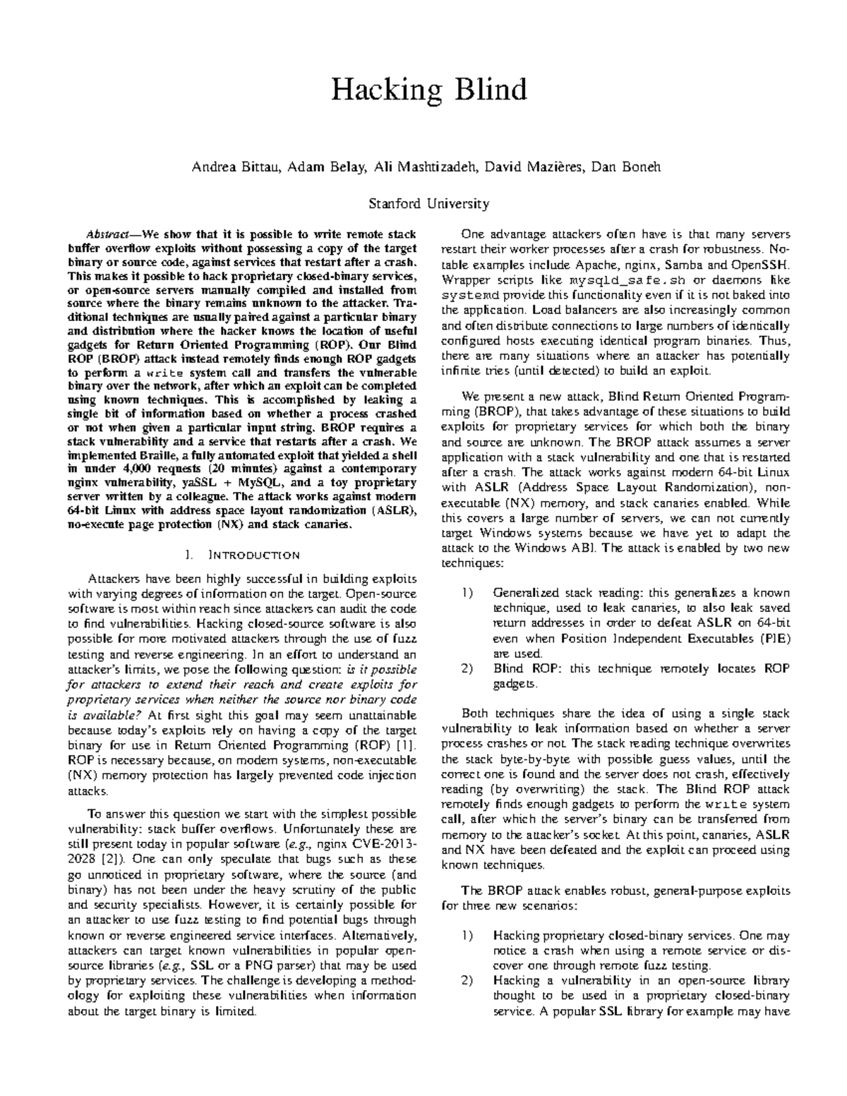 2013 blind ROP - Book - Hacking Blind Andrea Bittau, Adam Belay, Ali Mashtizadeh, David Mazi ...