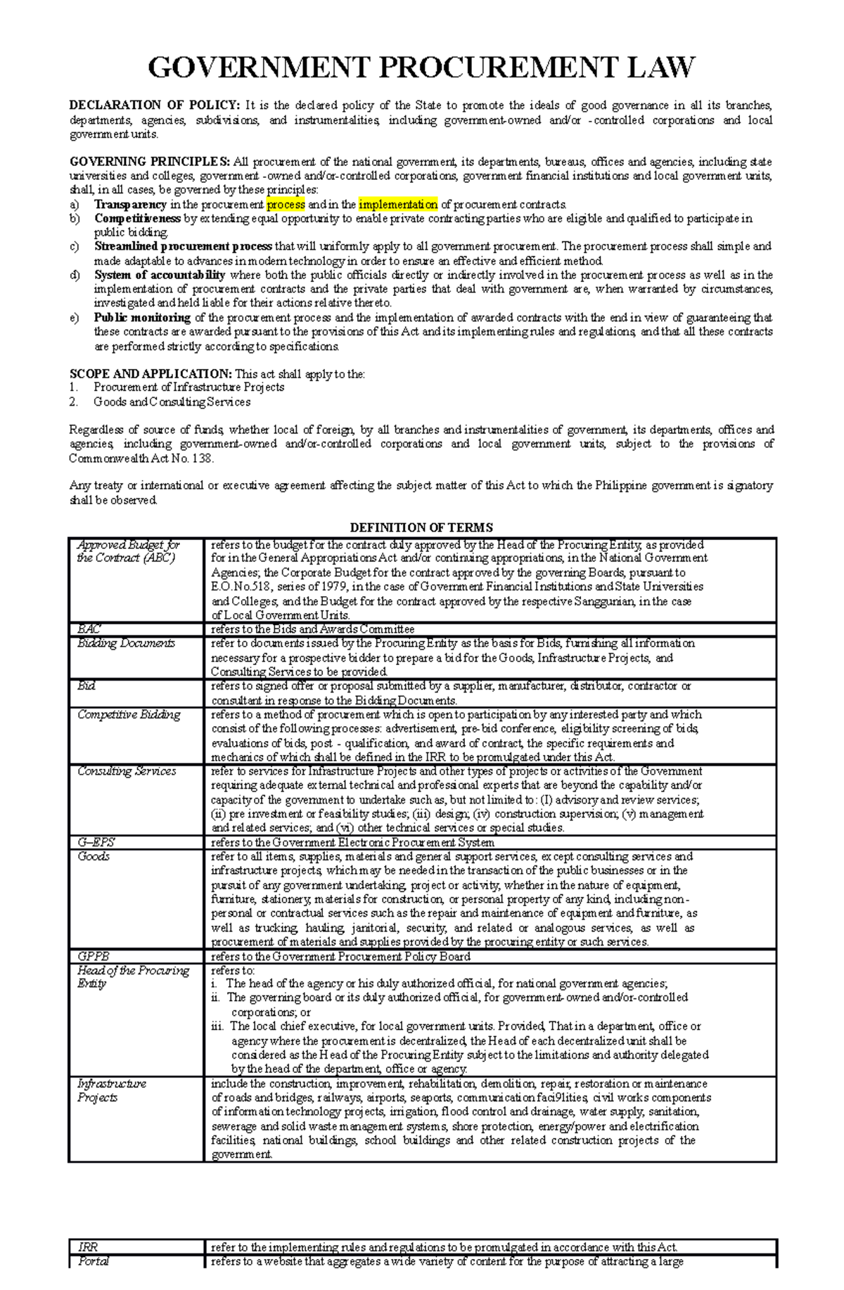 Reviewer Government Procurement Law - GOVERNMENT PROCUREMENT LAW ...