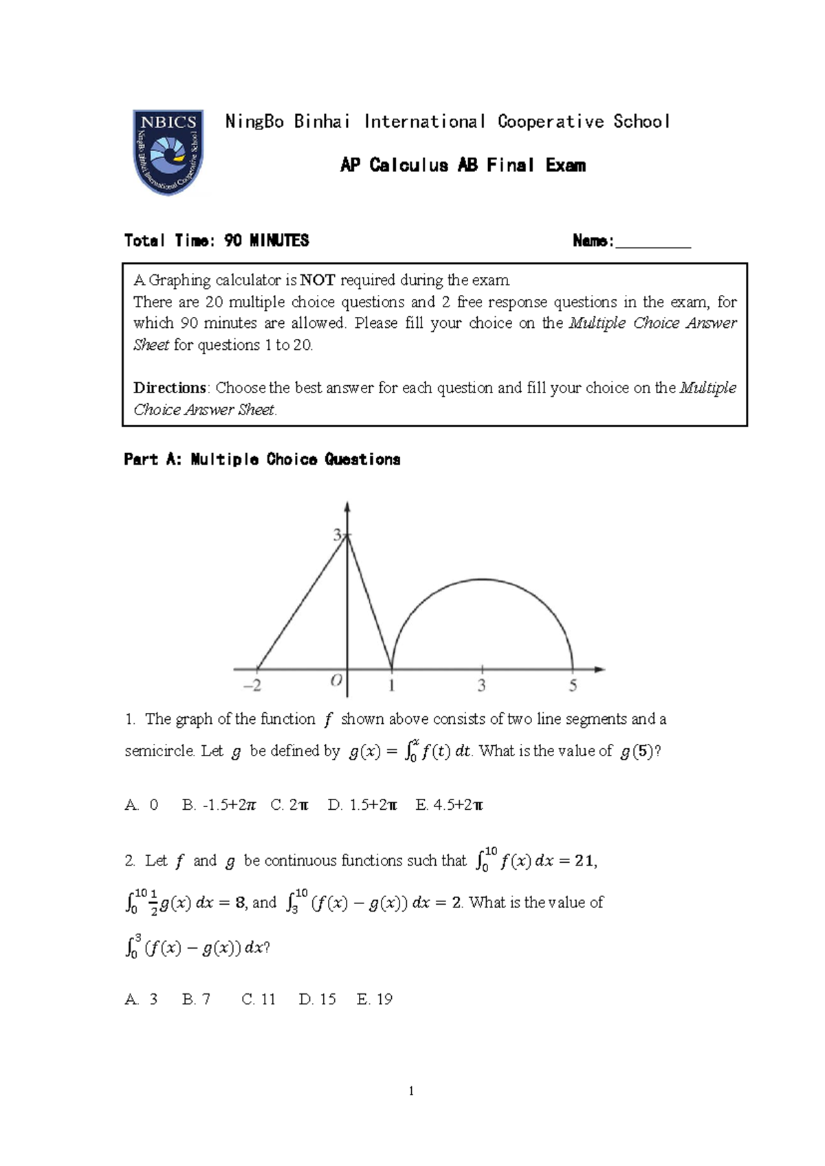 Final Exam AP Calculus AB Gra - NingBo Binhai International Cooperative ...