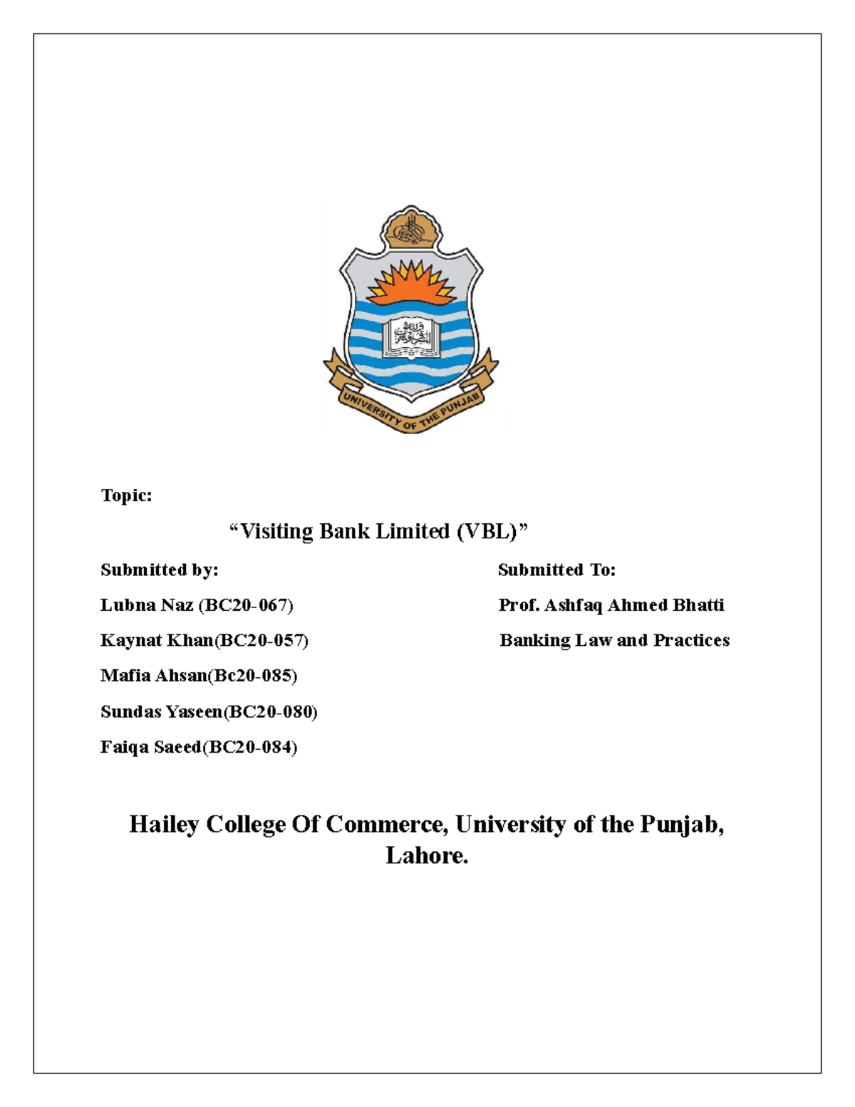 Visiting Bank limited - abc - Topic: “Visiting Bank Limited (VBL ...