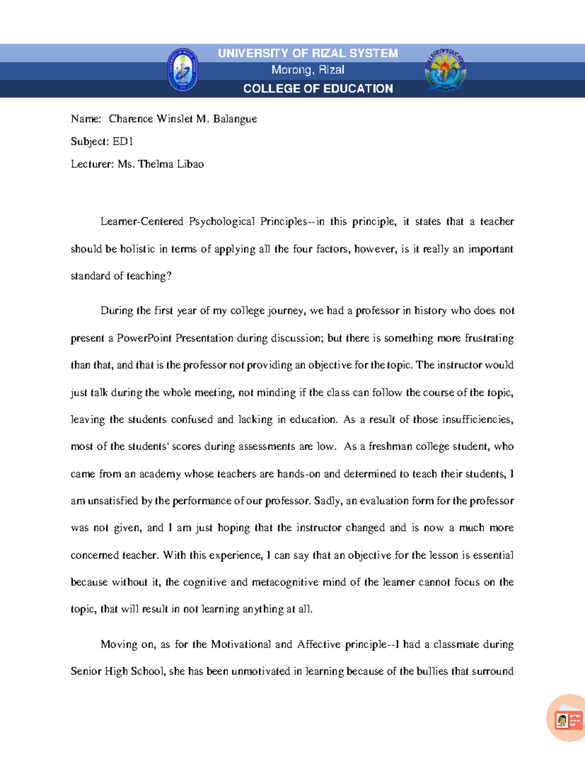 Balangue - LCP Principles Reaction Paper - Name: Charence Winslet M ...