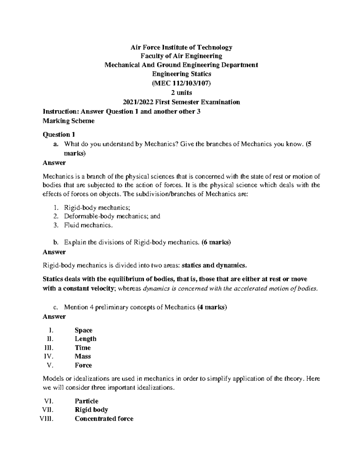 SE Marking Scheme - Engineering Statics For Year One NBTE students ...