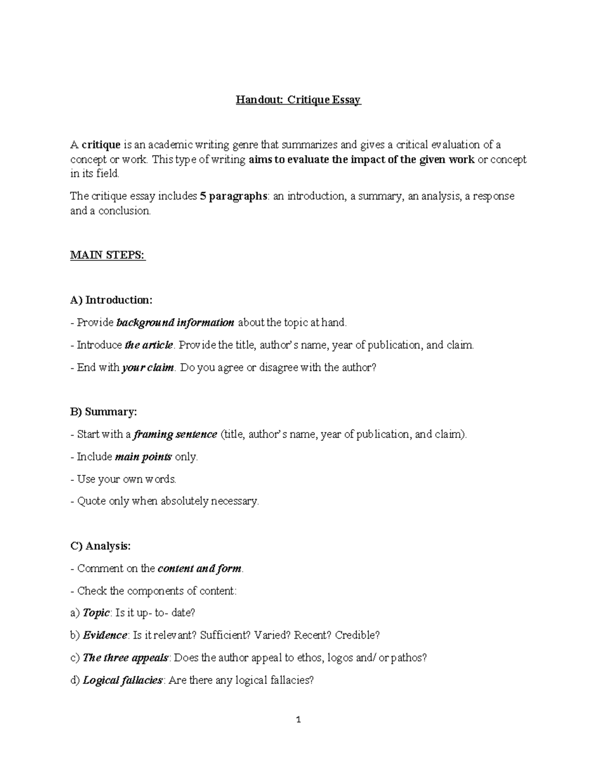 Critique Essay Handout - Handout: Critique Essay A critique is an ...