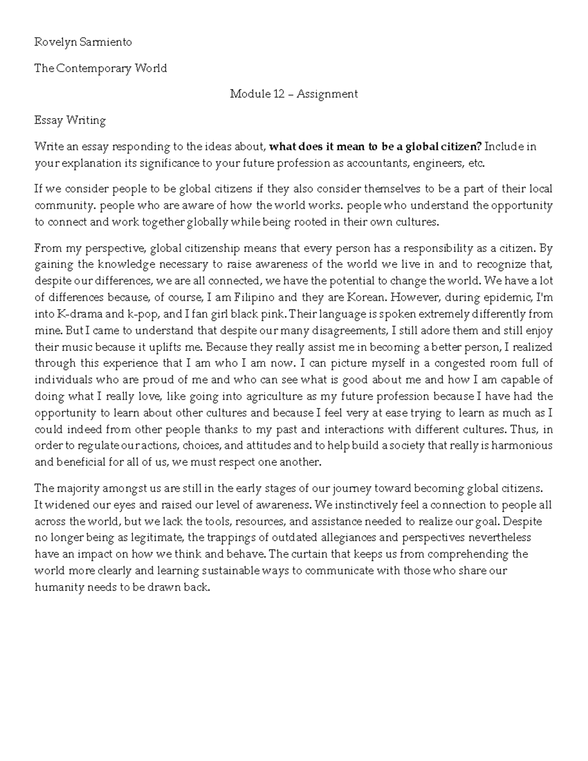 TCW - Essay Writing - Rovelyn Sarmiento The Contemporary World Module ...
