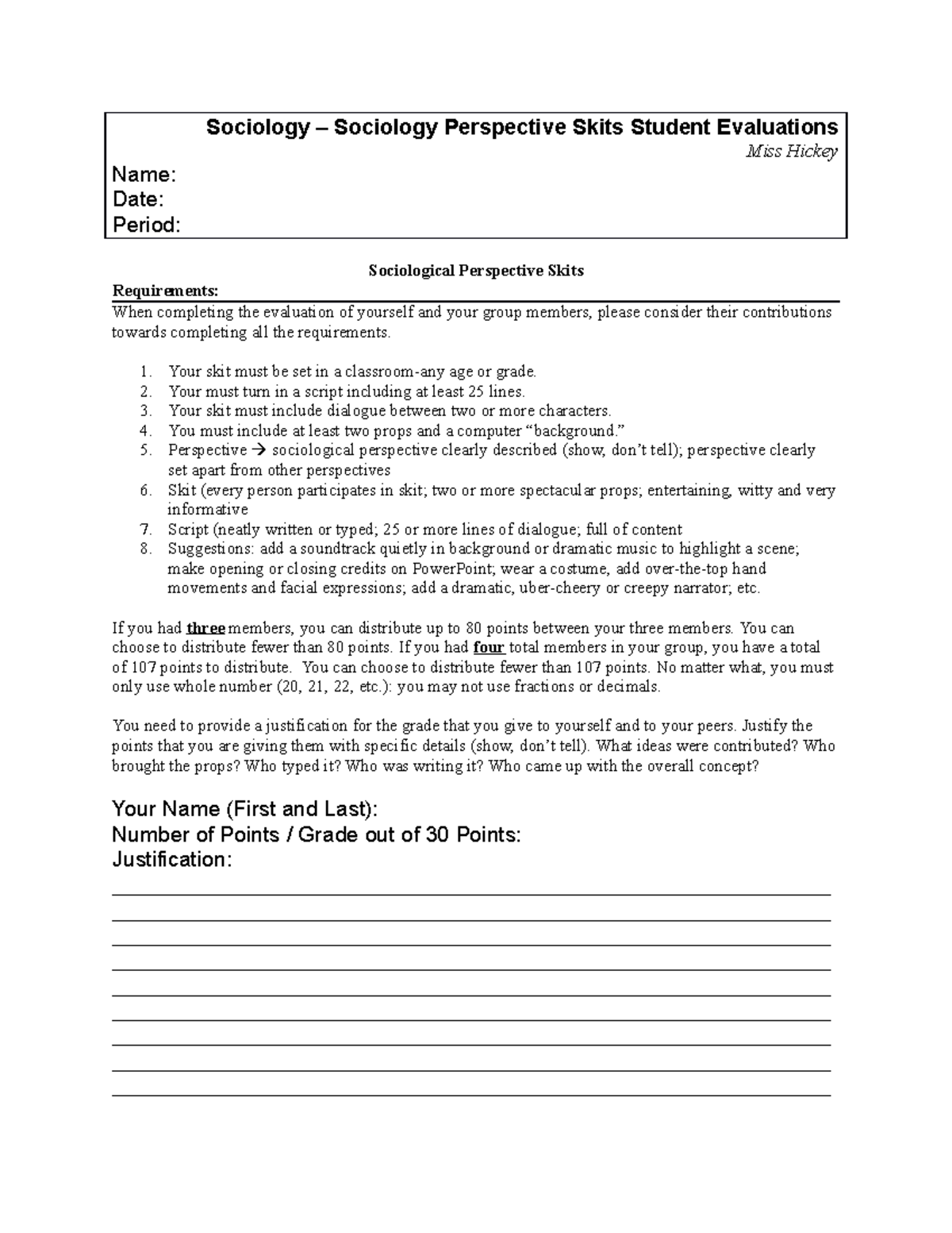 Sociology sociological perspective skits student evaluations edited ...