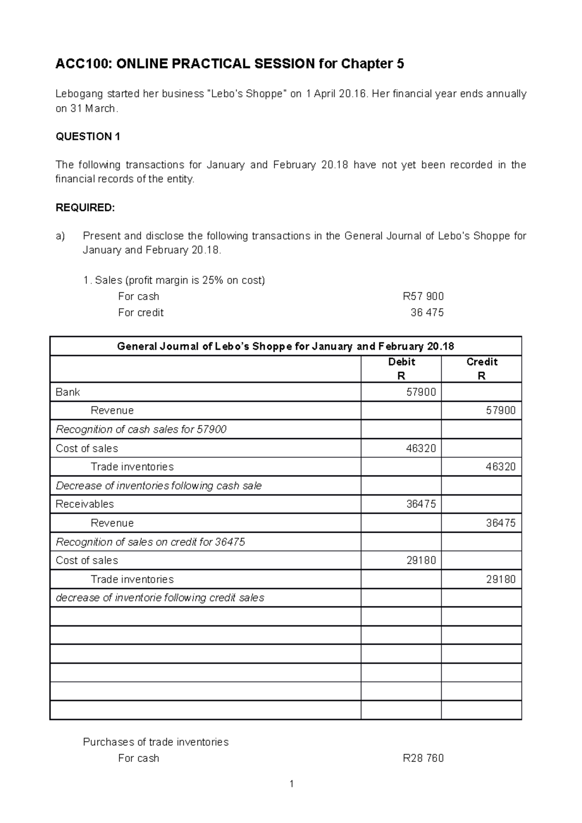 Chapter 5 Practical session 1 Bb - ACC100: ONLINE PRACTICAL SESSION for Chapter 5 Lebogang ...