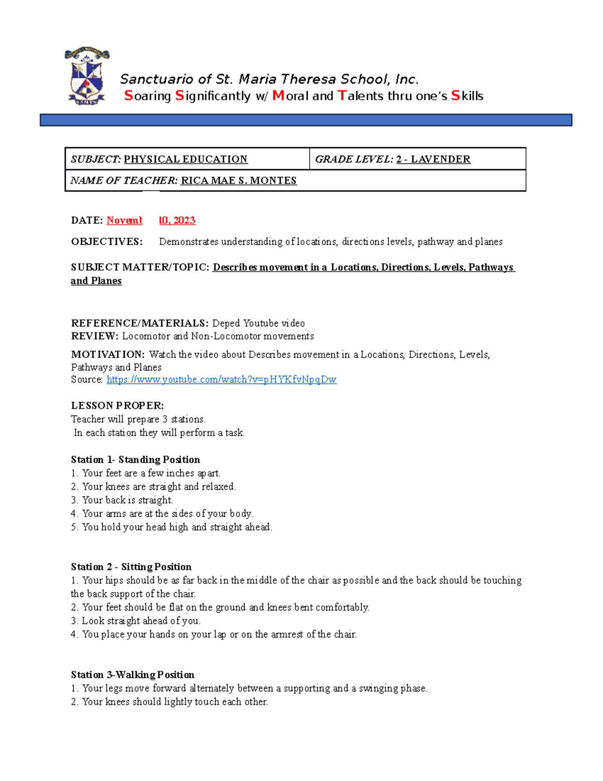 Q2- Week 3 & 4 PE Grade 2 - lesson plan - Sanctuario of St. Maria ...