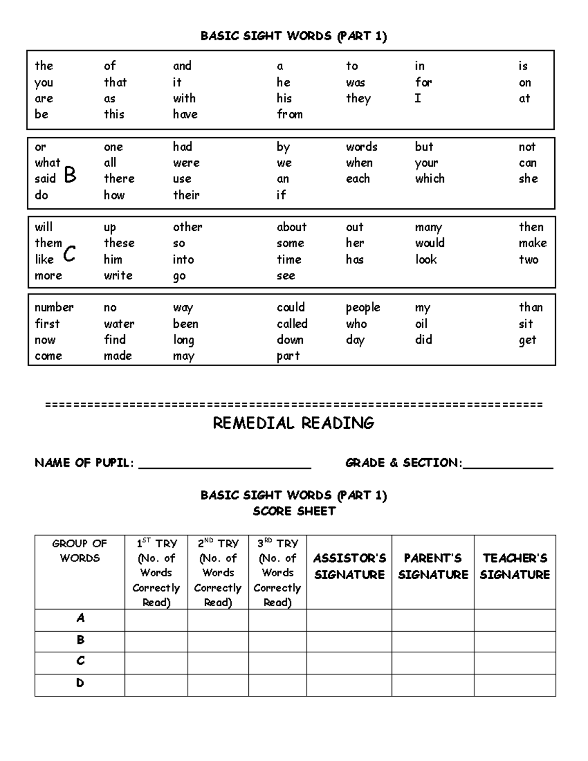 Basic Sight Words Individual CARD - BASIC SIGHT WORDS (PART 1) the of ...
