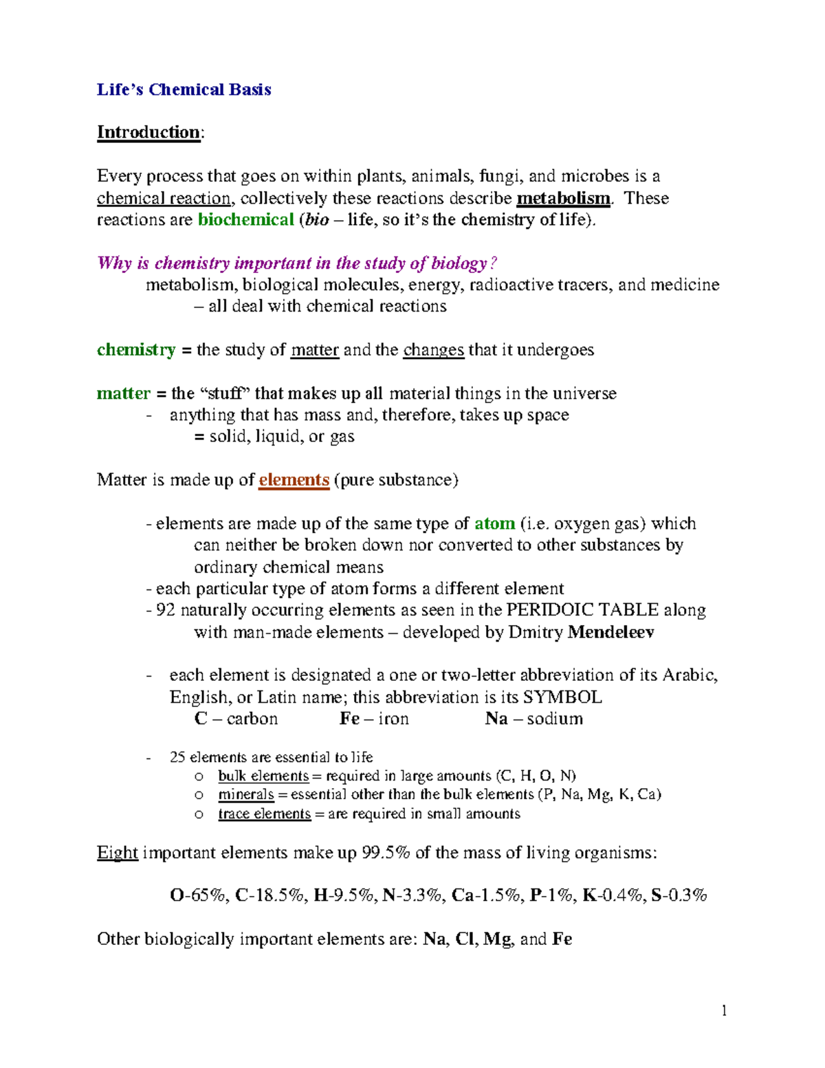 106 Chapter 2 (chemistry and molecules) - Life’s Chemical Basis ...