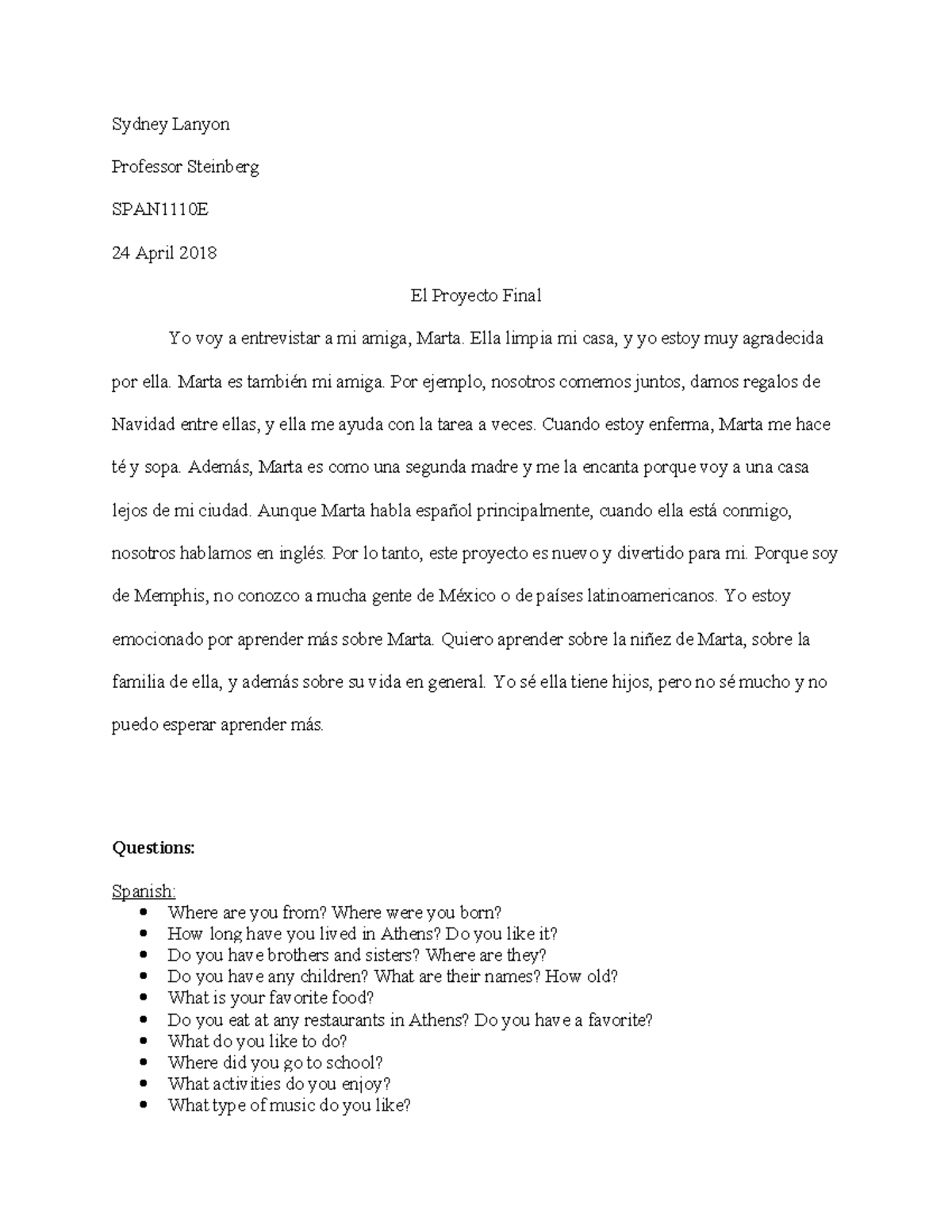 Spanish Final Project - Sydney Lanyon Professor Steinberg SPAN1110E 24 ...