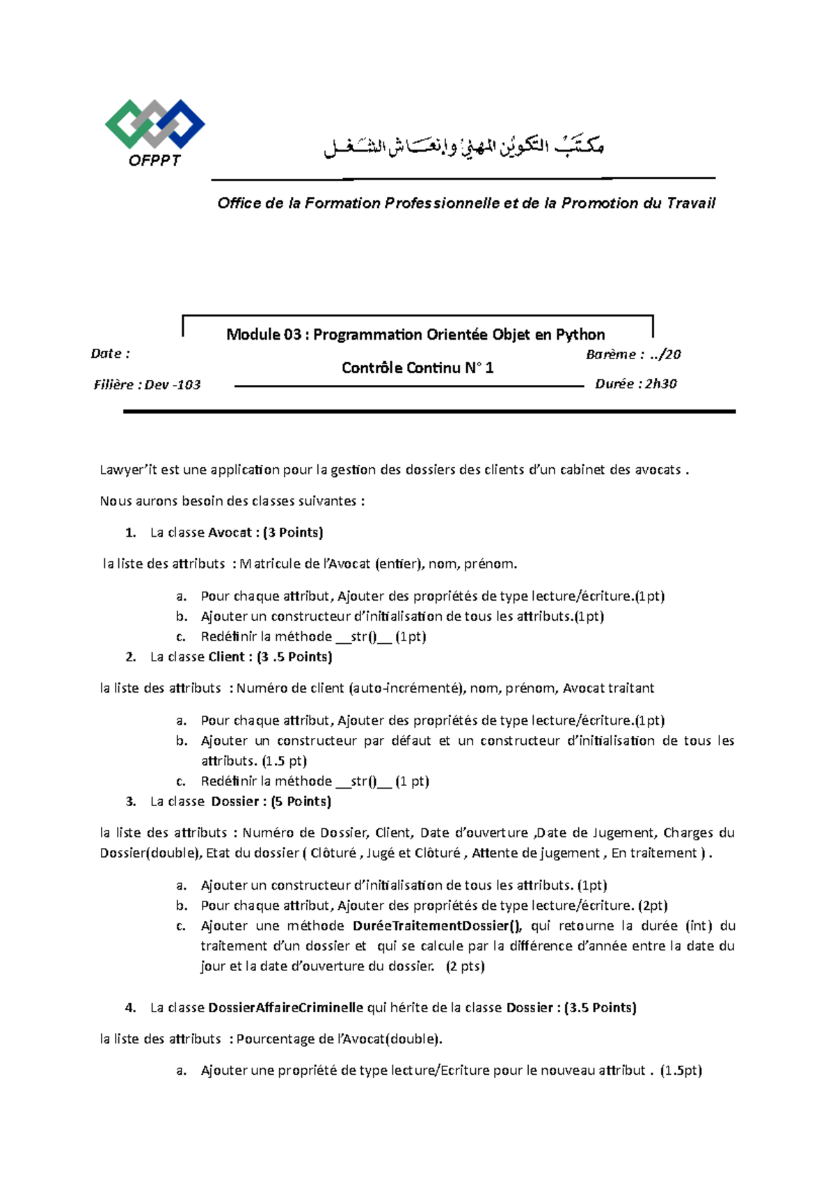 CC1 POO Python - OFPPT Office de la Formation Professionnelle et de la ...
