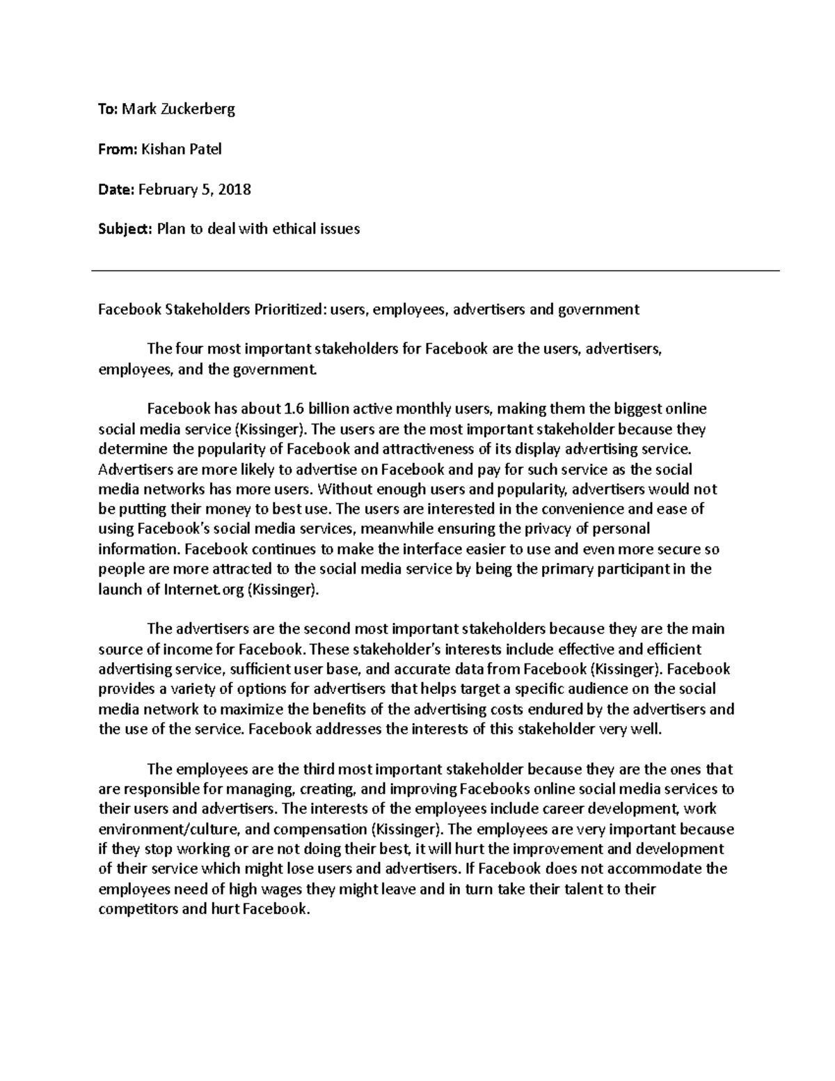FB Stakeholder Analysis Assignment - To: Mark Zuckerberg From: Kishan ...