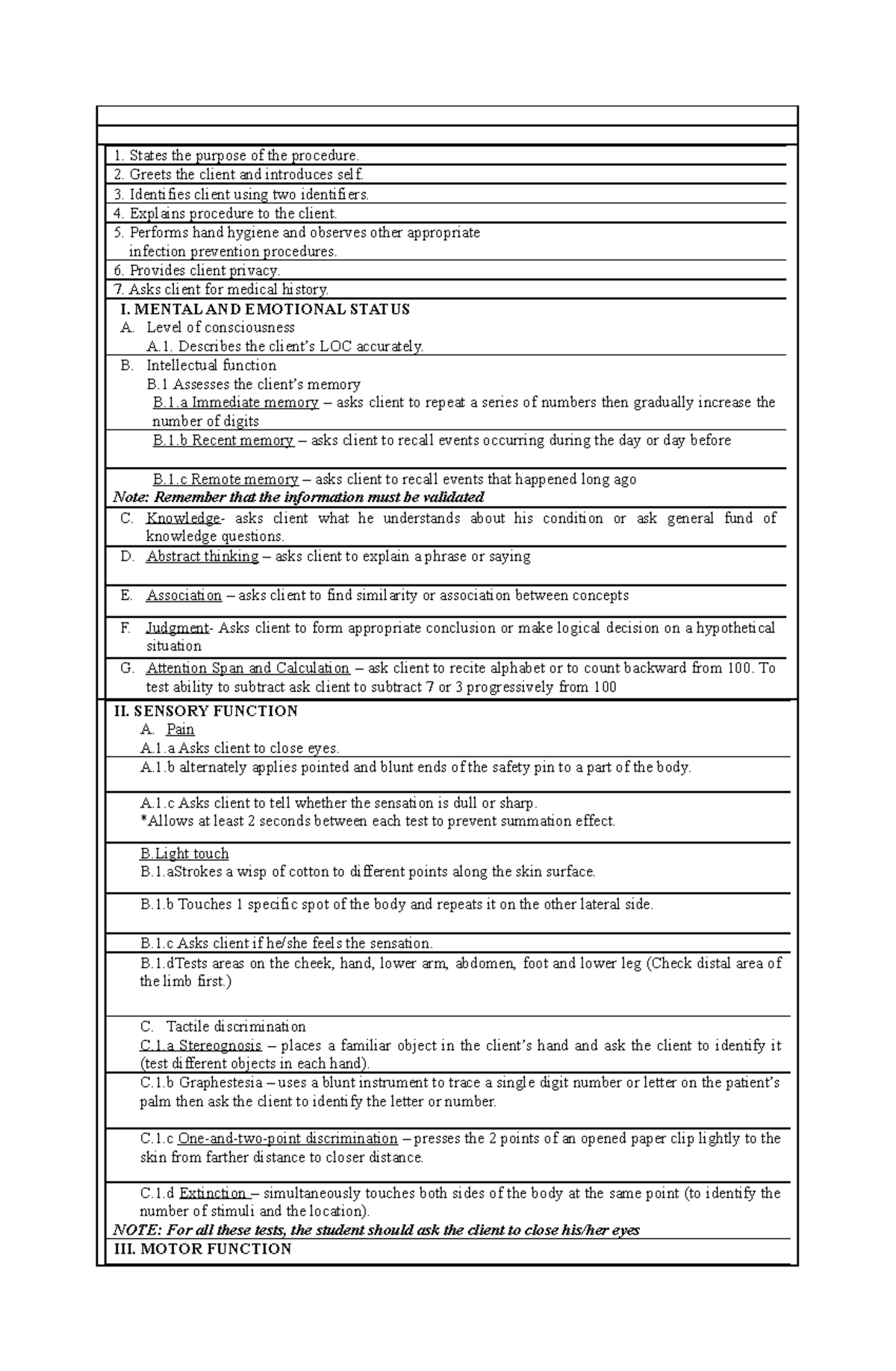 Neurological Assessment tool - States the purpose of the procedure ...