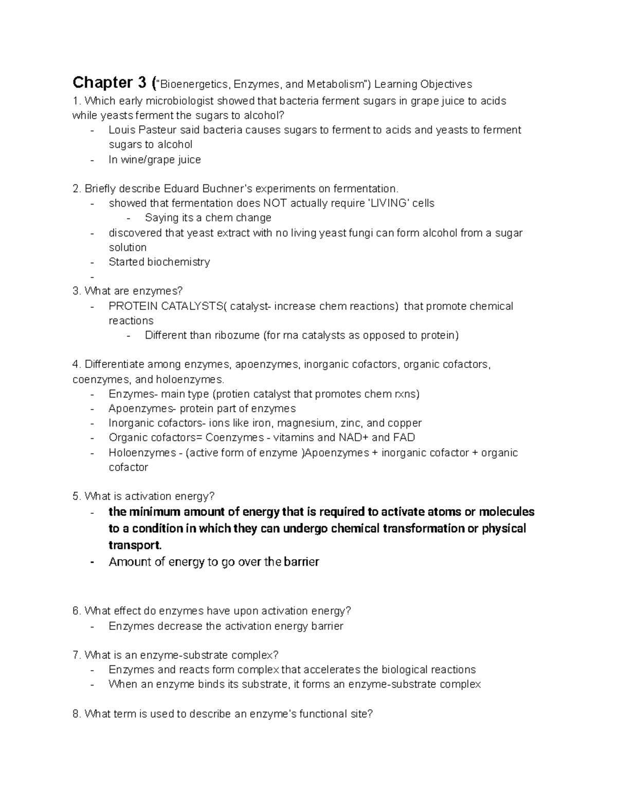 Chapter 3 (“Bioenergetics, Enzymes, and Metabolism”) 3Bio230 Learning Objectives Exam 1 Chapter ...