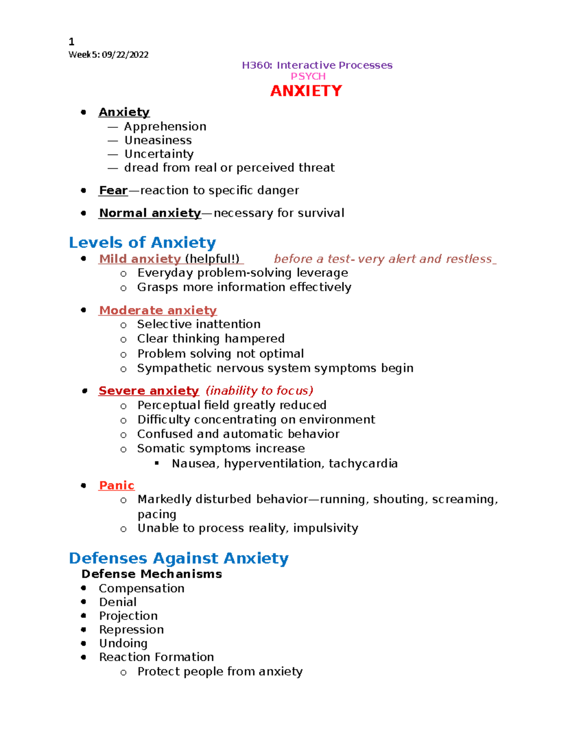 Psych: Anxiety Notes - ####### Week 5: 09/22/ ####### H360: Interactive ...