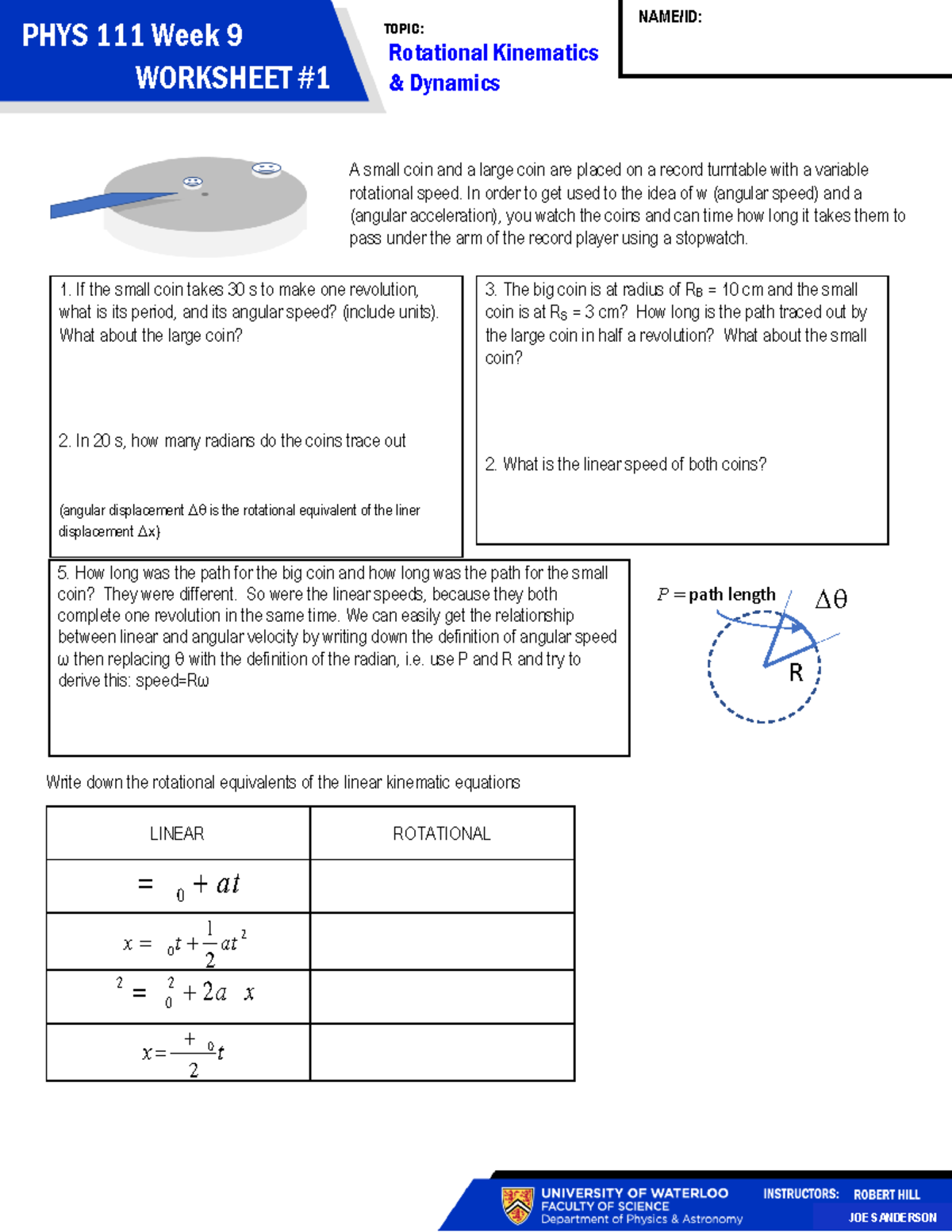PHYS111 Week9-Worksheet 01 - Rotational Kinematics & Dynamics PHYS 111 Week 9 WORKSHEET TOPIC ...