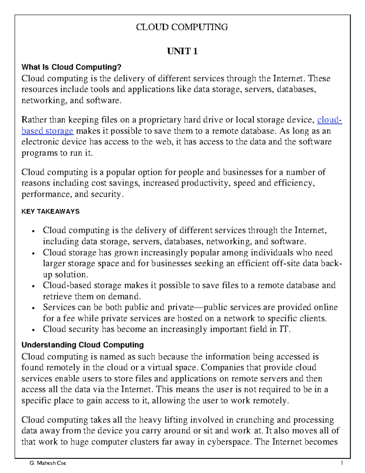 Cc unit 1 - Important notes - UNIT 1 What Is Cloud Computing? Cloud ...
