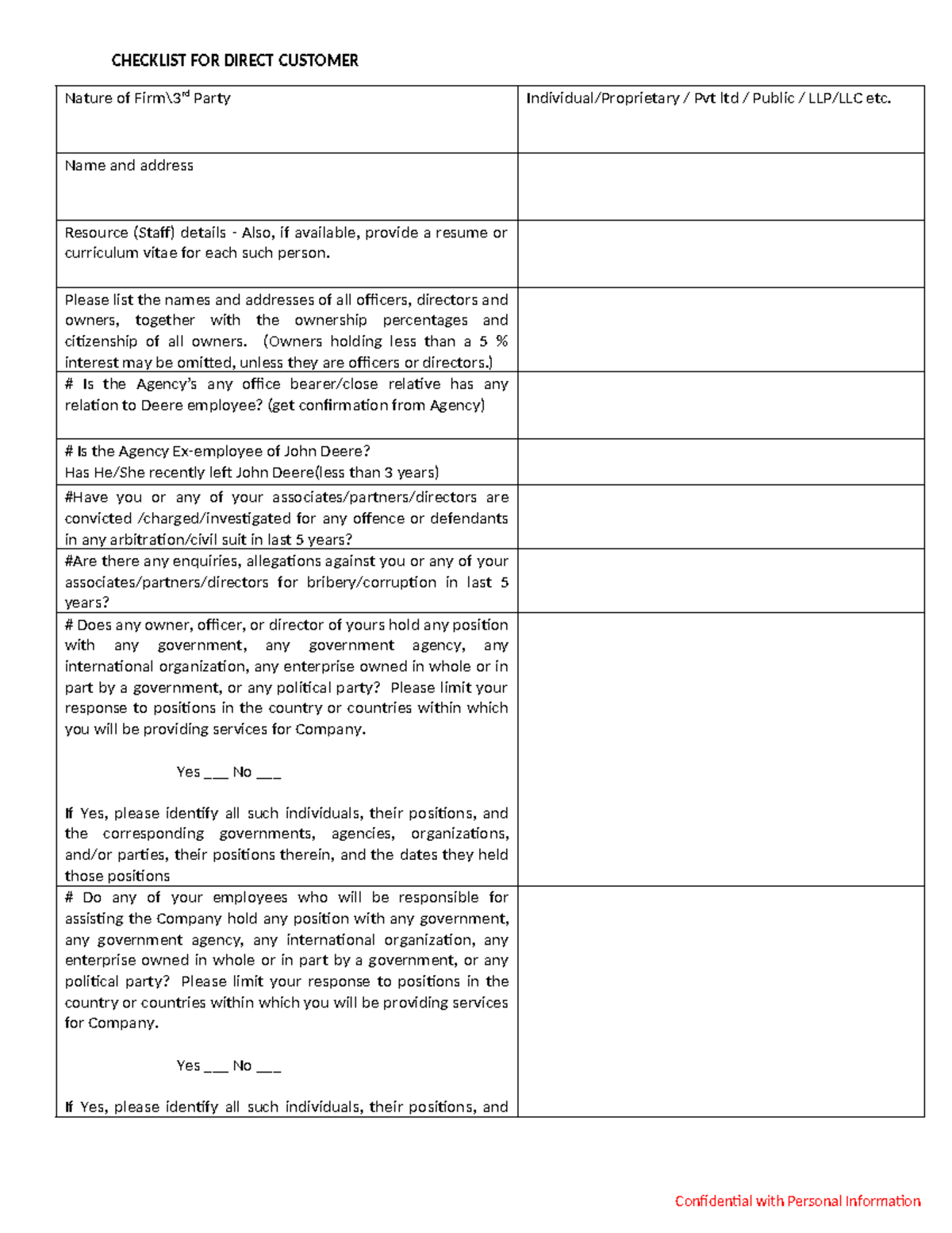 Checklist FOR Direct Customer - Confidential with Personal Information ...