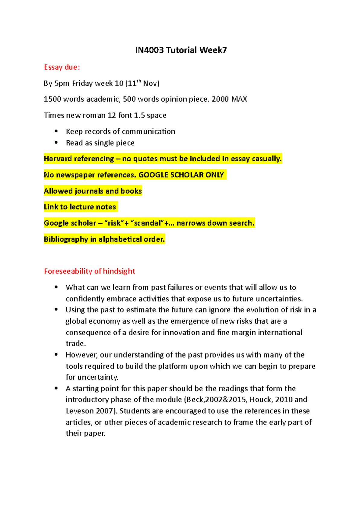 IN4003 Tut week 7 - notes - IN4003 Tutorial Week Essay due: By 5pm ...