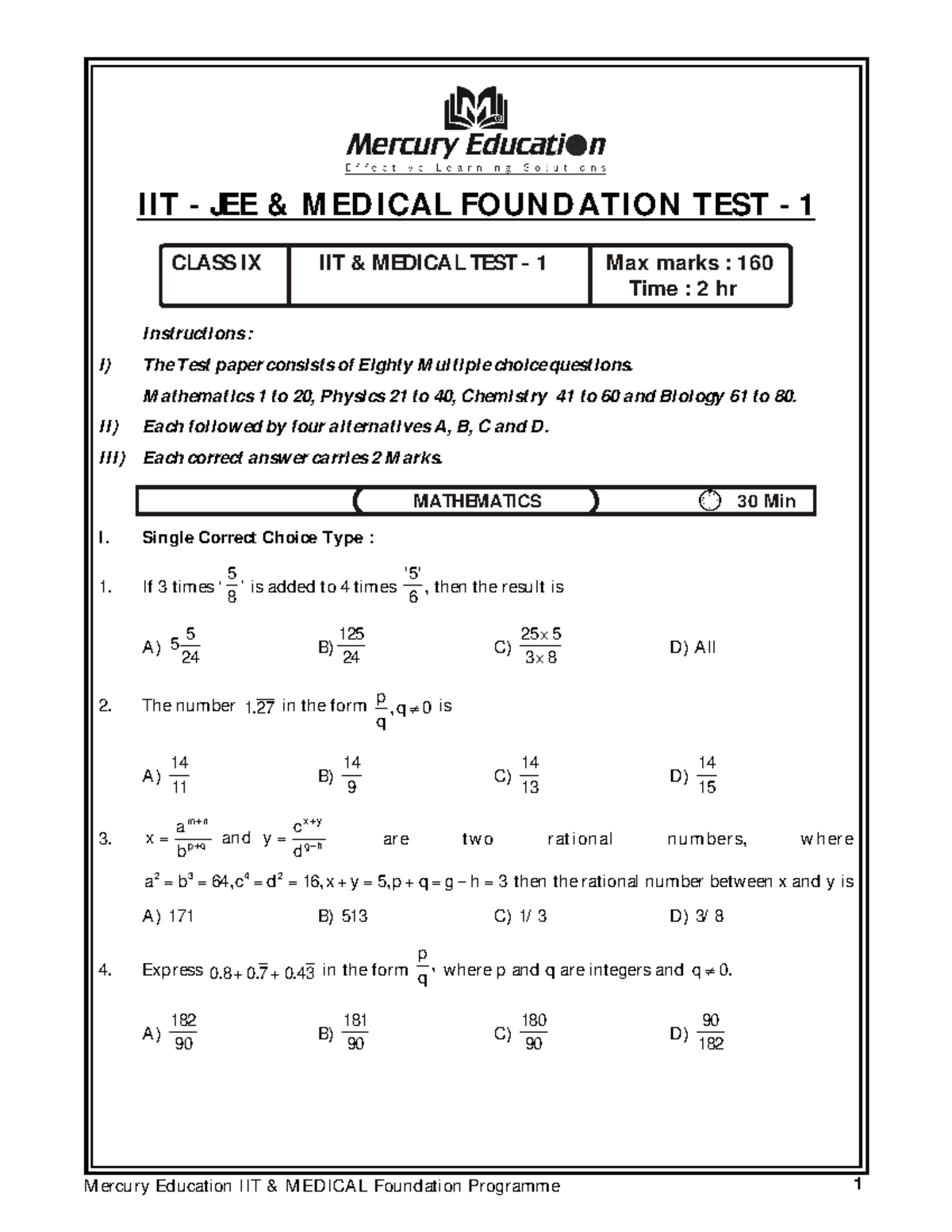 9th Class Test Paper 2 - IIT practice sheet - IIT - JEE & MEDICAL ...