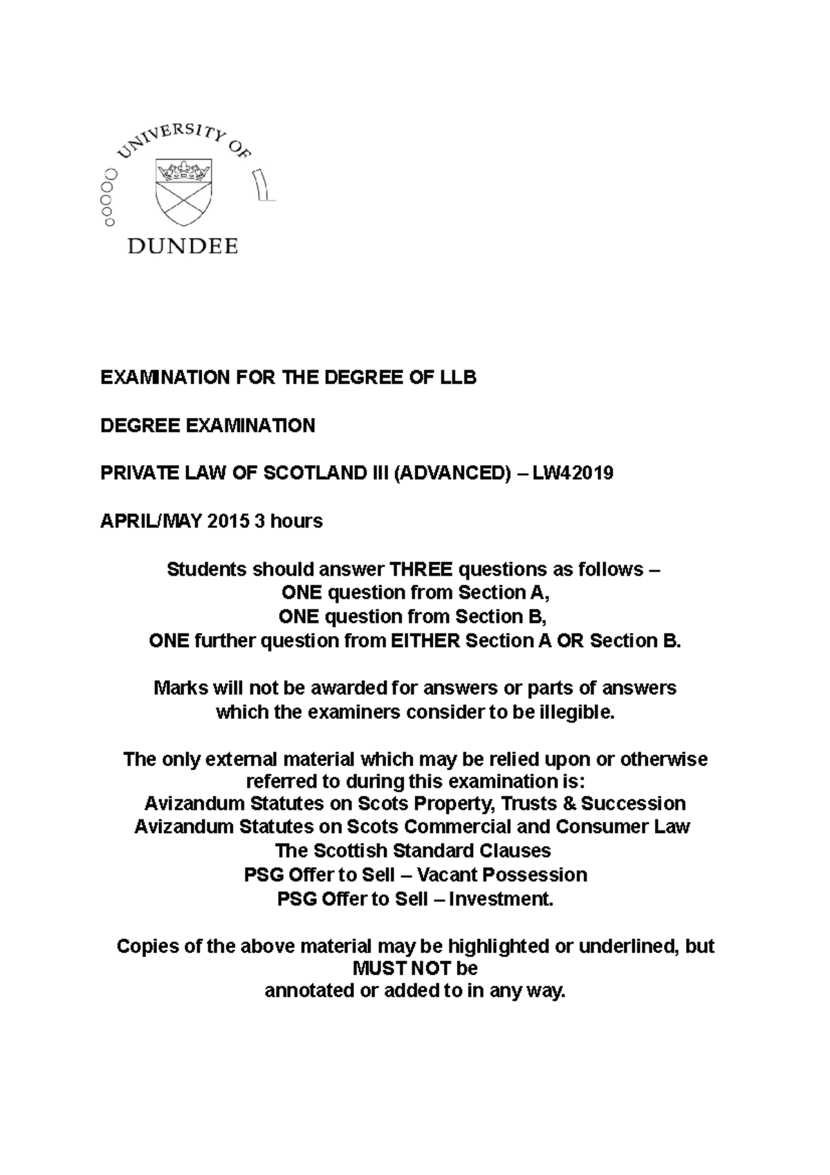 Private LAW OF Scotland III ( Advanced) – 2015 exam - EXAMINATION FOR ...