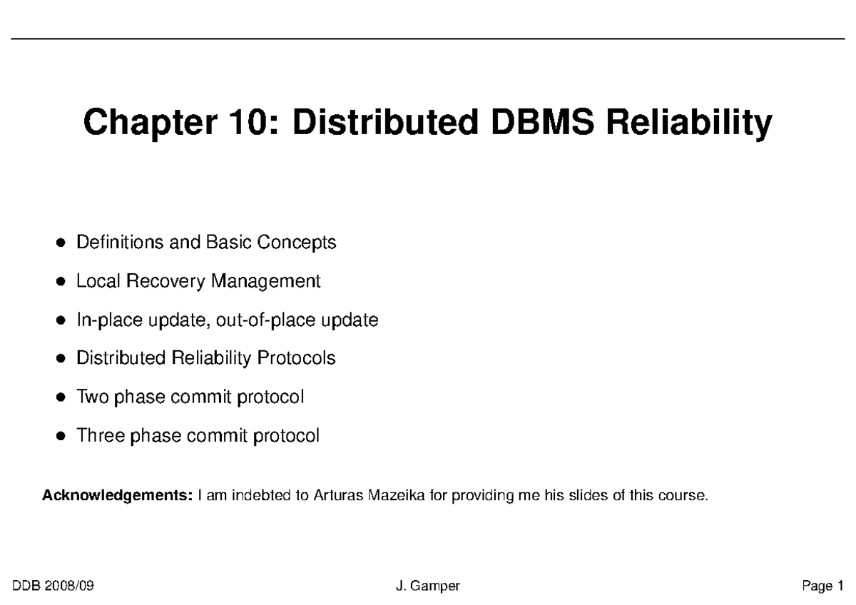 Ddb10 reliability - Distributed database - Chapter 10: Distributed DBMS Reliability ...