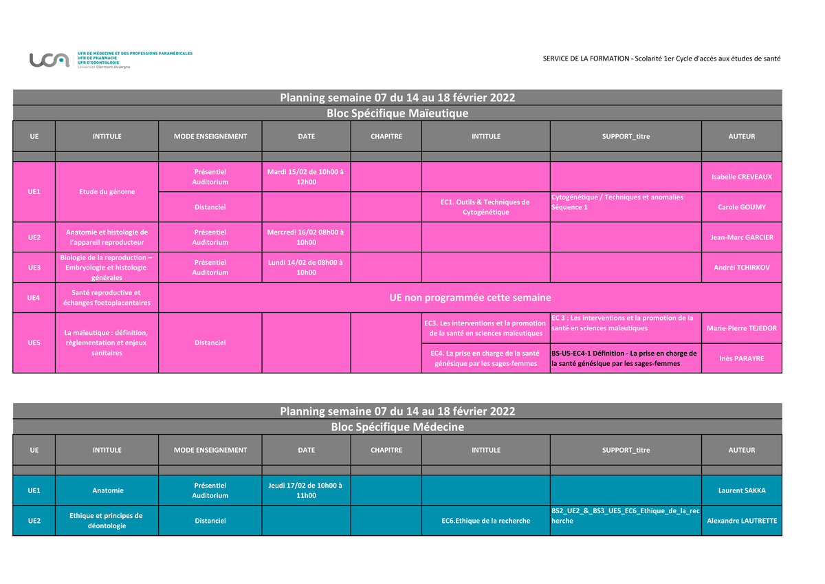 Planning semaine 07 - UE INTITULE MODE ENSEIGNEMENT DATE CHAPITRE ...