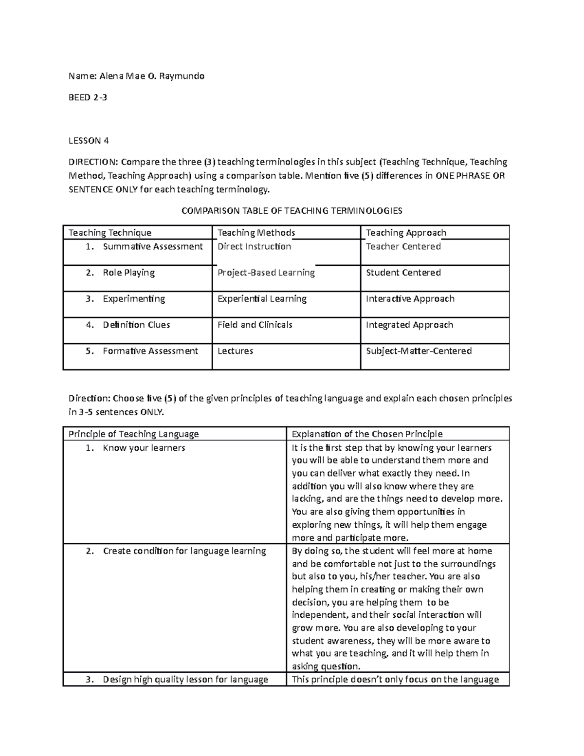 Teng lesson 4 - Assignment - Name: Alena Mae O. Raymundo BEED 2- LESSON 4 DIRECTION: Compare the ...