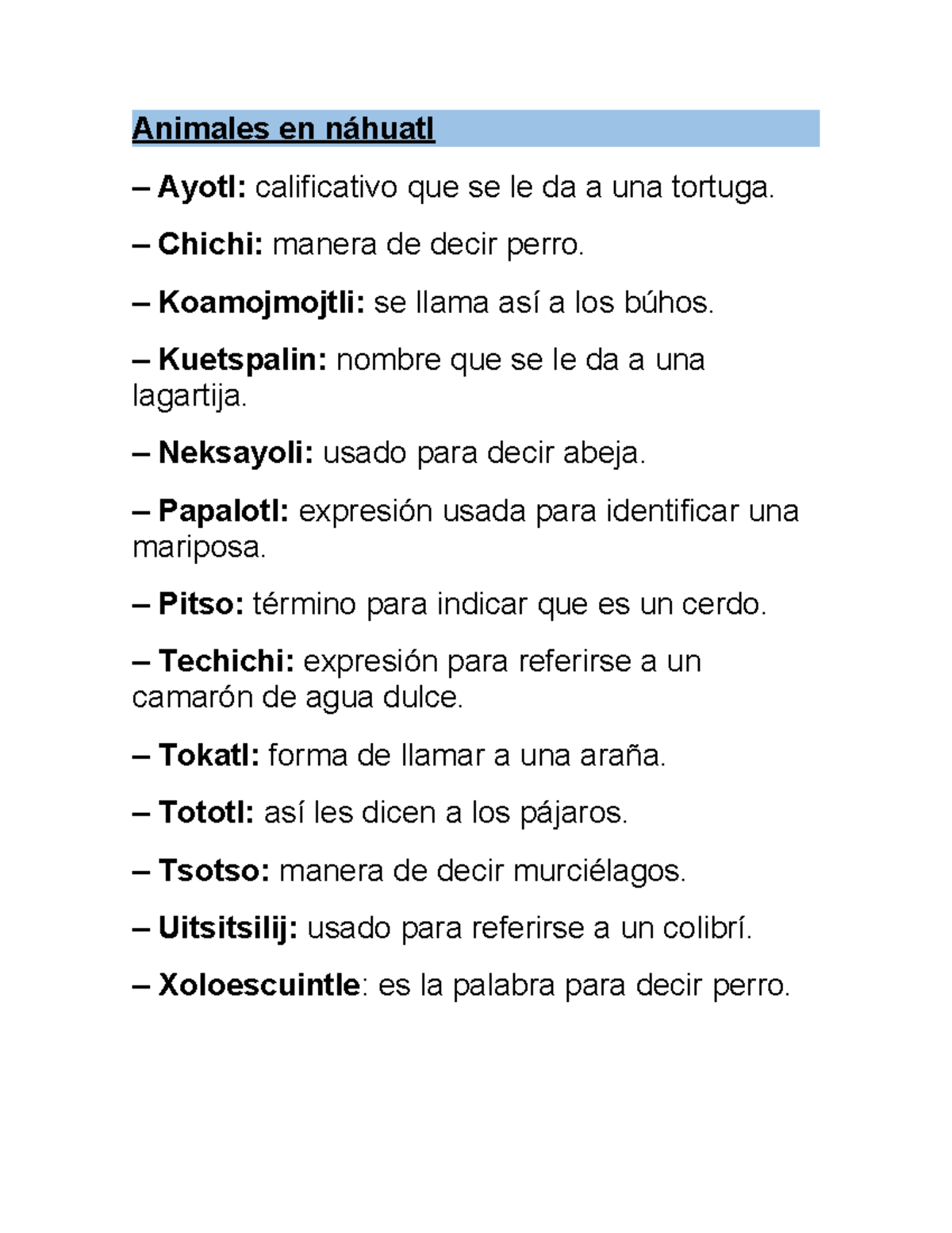 Vocabulario nahuatl - Resumen Geografía económica - Animales en náhuatl ...