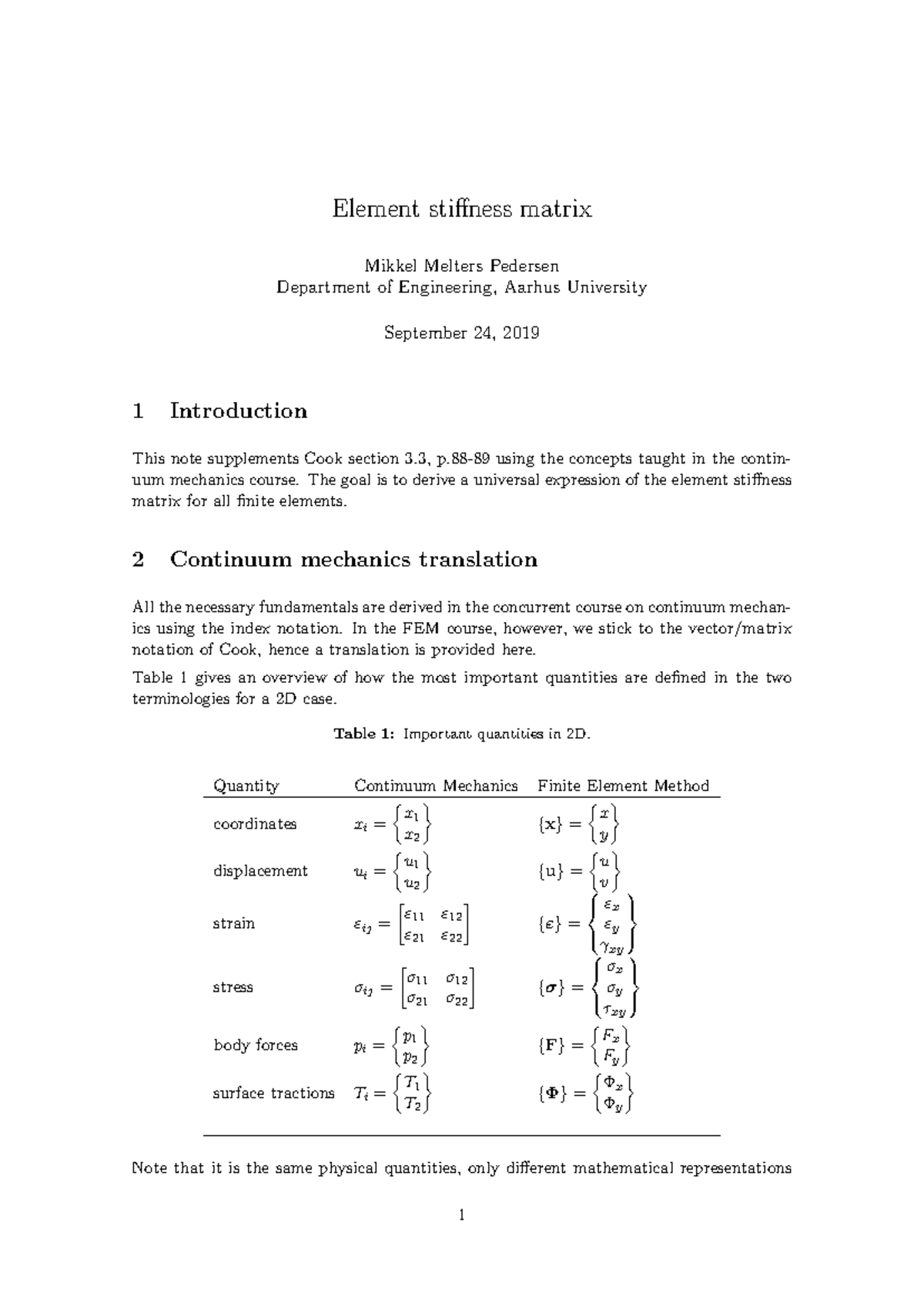 FEM Stiffness matrix - Element stiffness matrix Mikkel Melters Pedersen ...