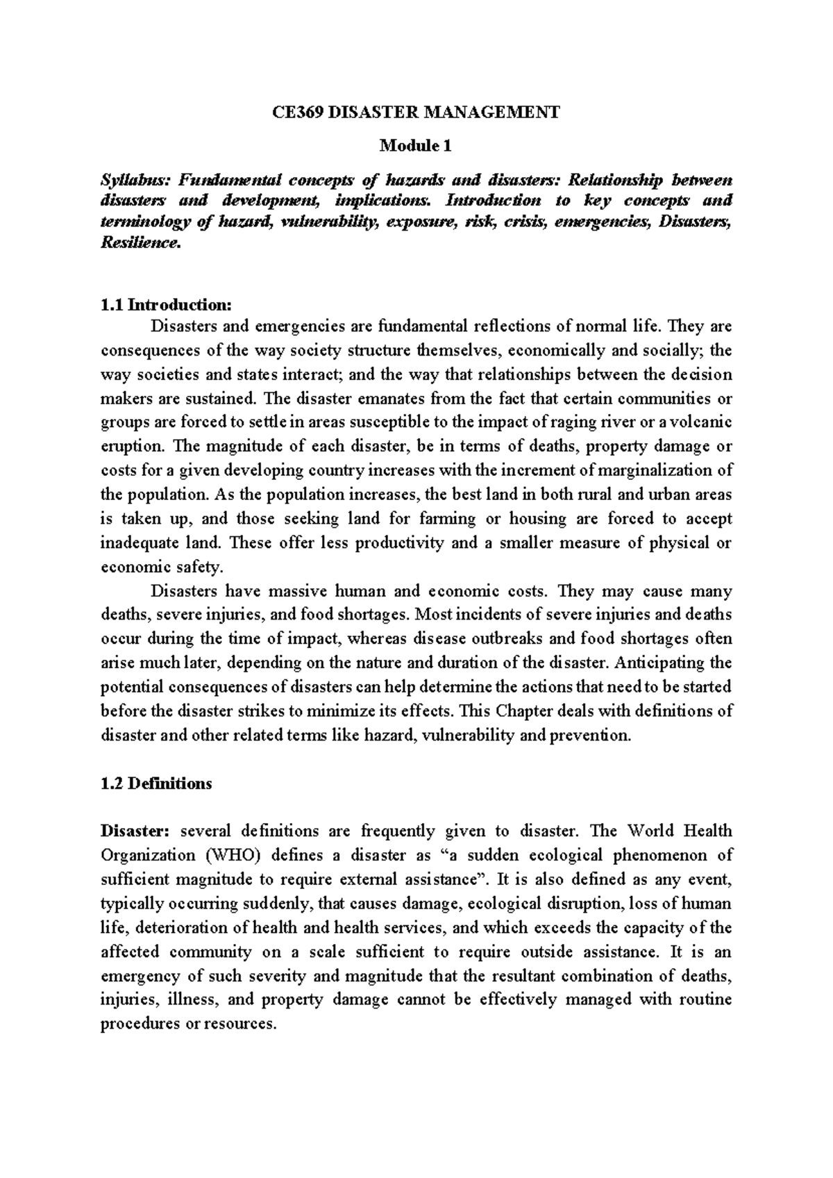 M1 & M2 - CE369 DISASTER MANAGEMENT Module 1 Syllabus: Fundamental ...