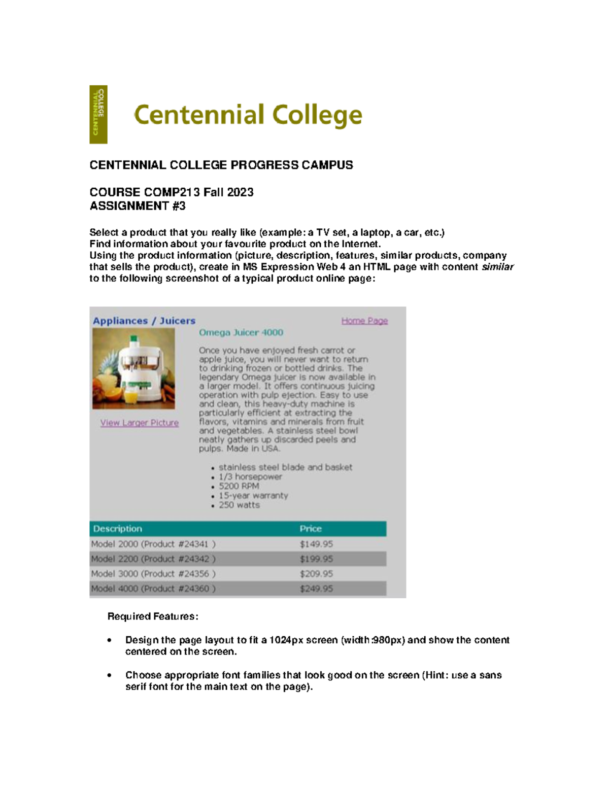 COMP213assignment 3F23 - CENTENNIAL COLLEGE PROGRESS CAMPUS COURSE ...