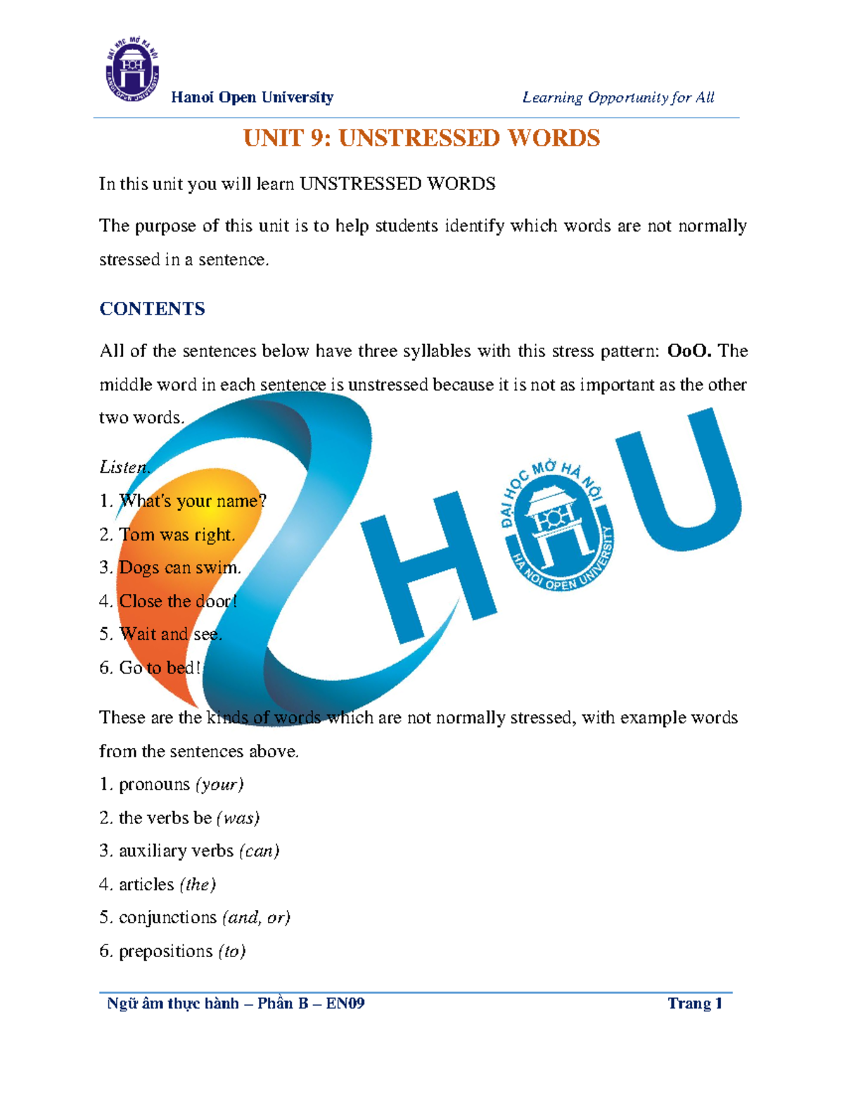 Unit 9 - UNIT 9: UNSTRESSED WORDS In this unit you will learn ...