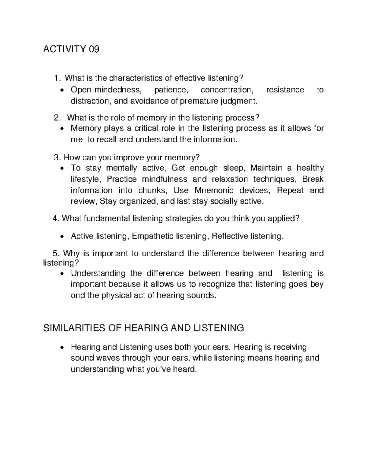Activity 09 - similarities of hearing and listening - ACTIVITY 09 What ...