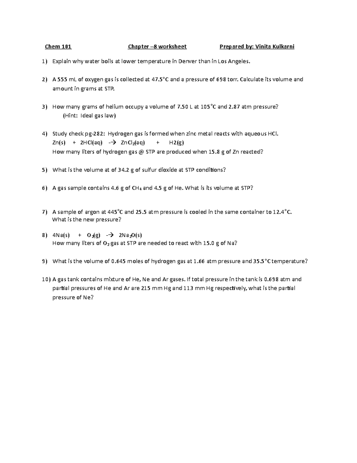 Chapter-8 worksheet - Chem 101 Chapter –8 worksheet Prepared by: Vinita ...