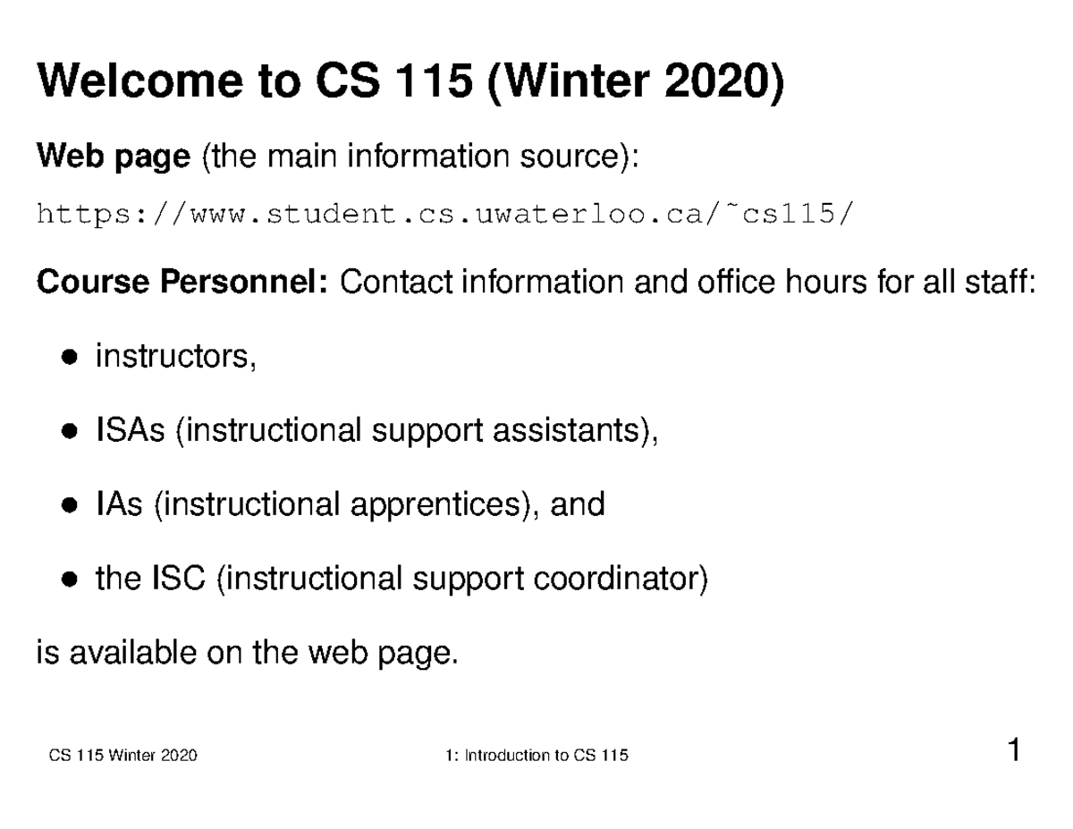 CS115 Module 1 Lecture - Welcome to CS 115 (Winter 2020) Web page (the ...