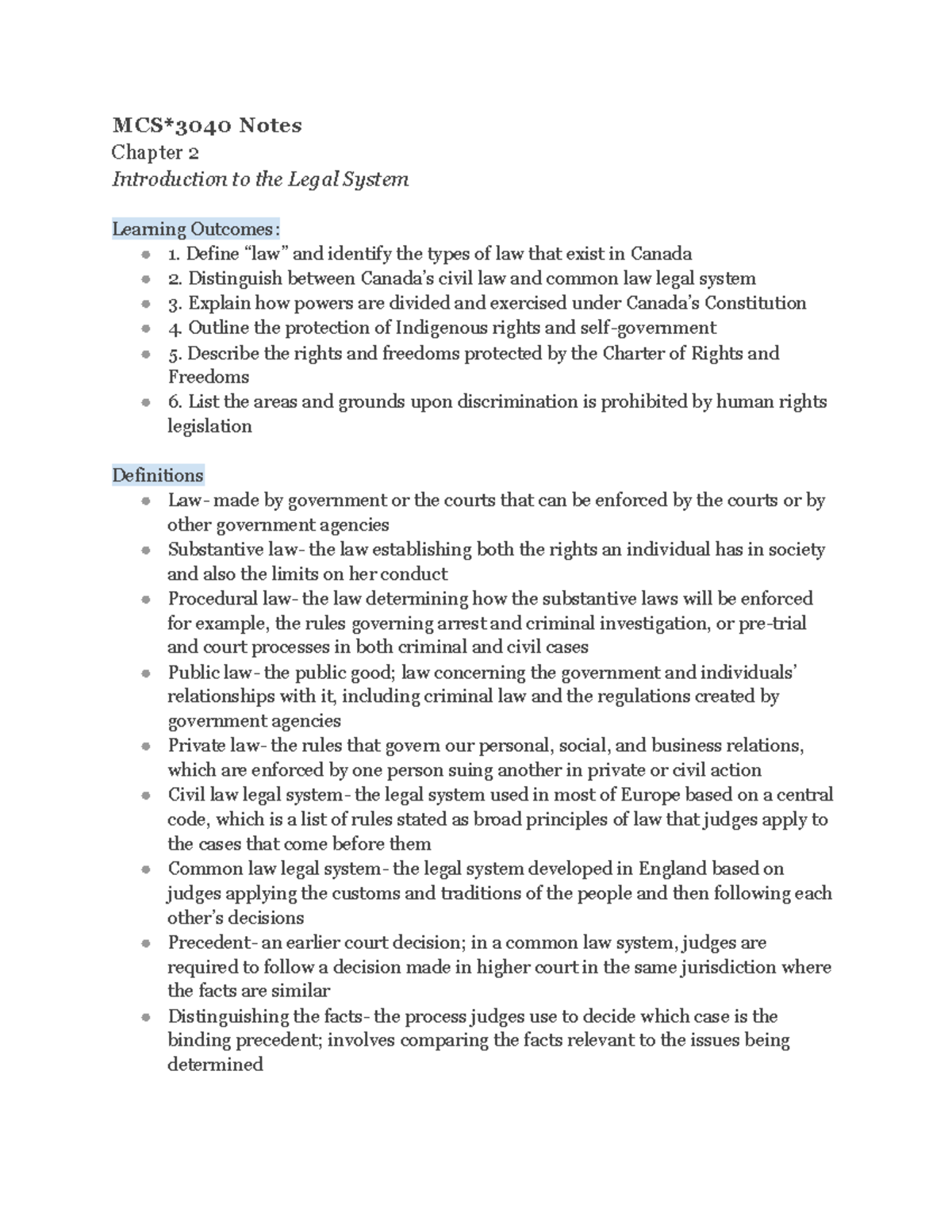 Chapter 2 Introduction to the Legal System - MCS*3040 Notes Chapter 2 ...